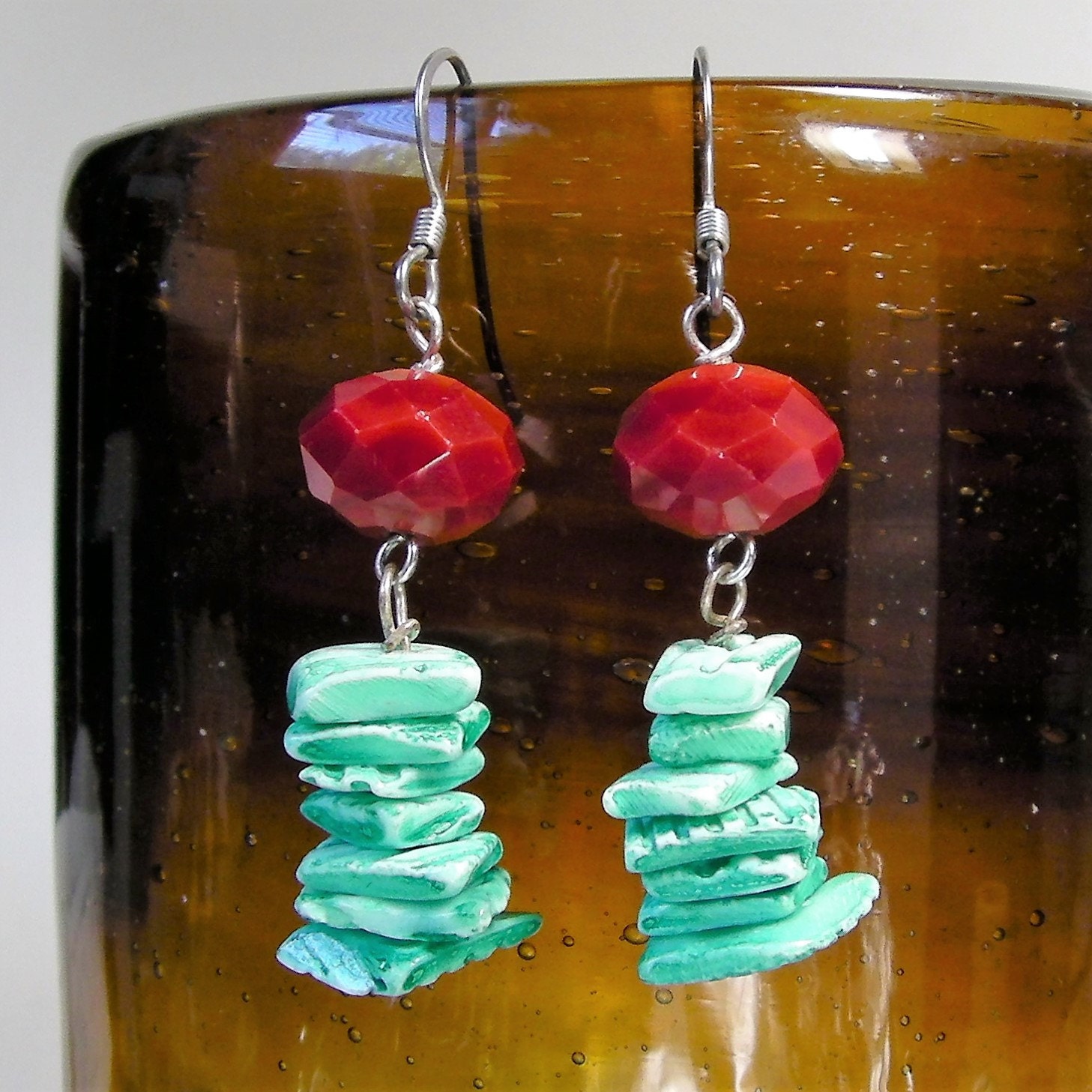 Red Crystal and Teal Shell Beaded Earrings - Etsy