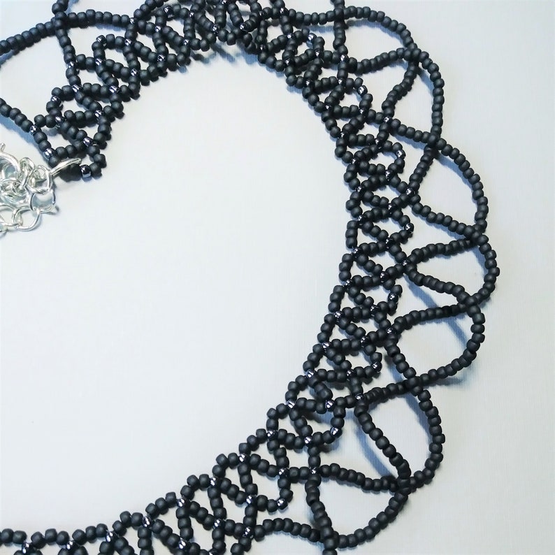 Black, Lacy Seed Bead Netted Collar Necklace With Hematite Colored Seed Bead Accents, 15.75 17. ...