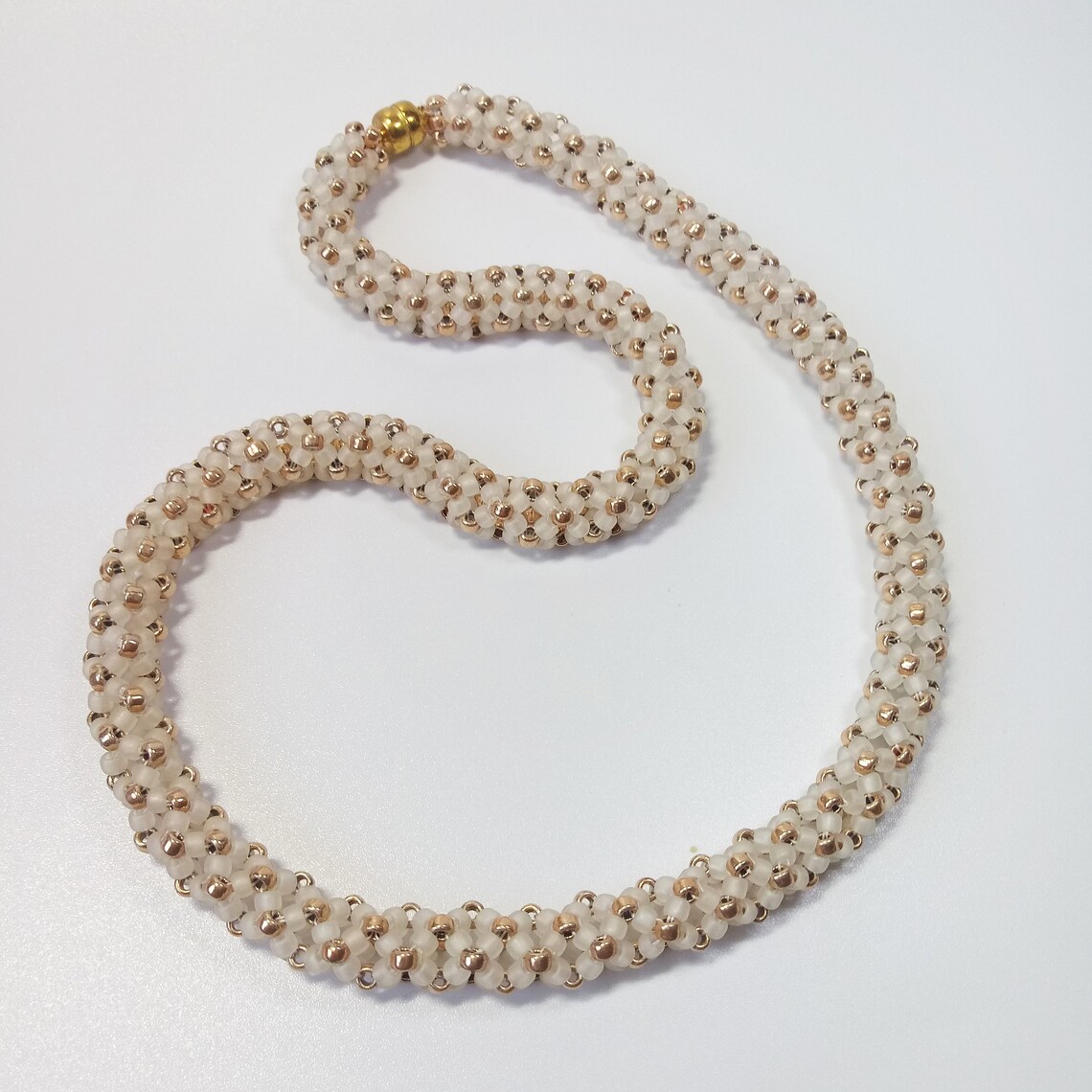 Frosted White and Pale Gold Seed Bead Rope Necklace With - Etsy