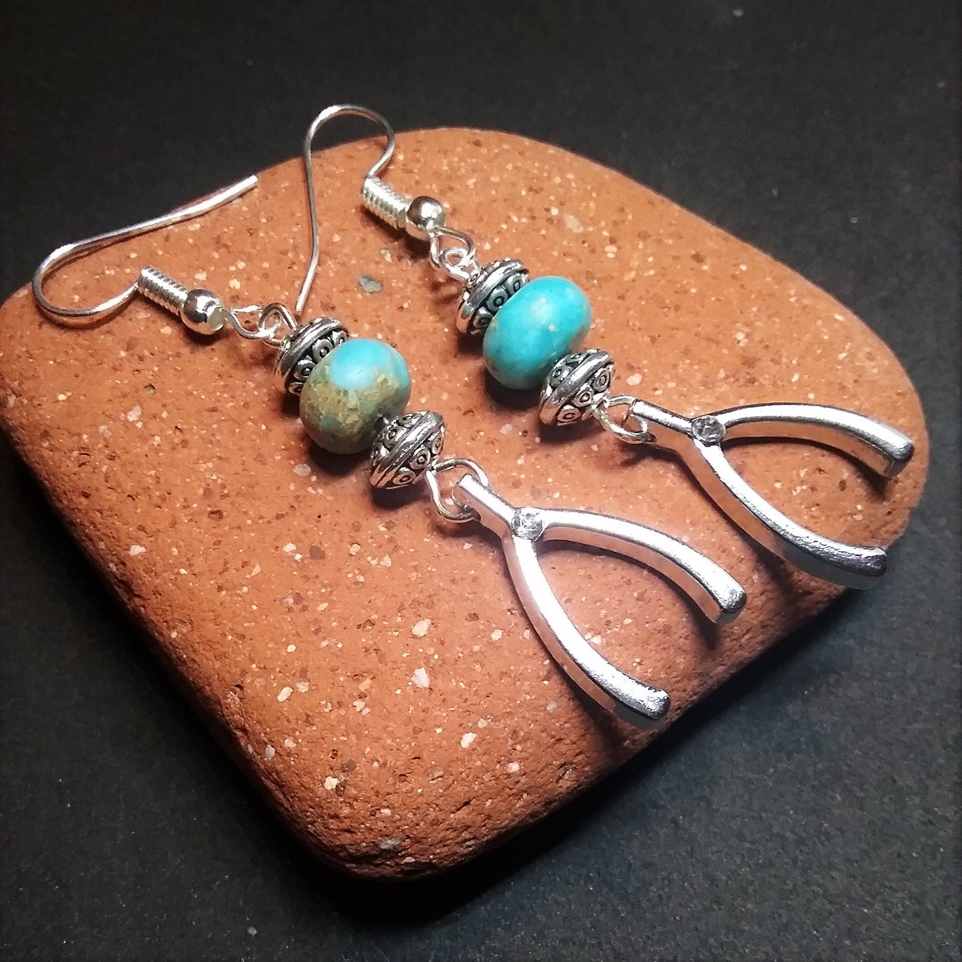 Silver Wishbone Charm Earrings With Imperial Jasper Beads and Sterling ...