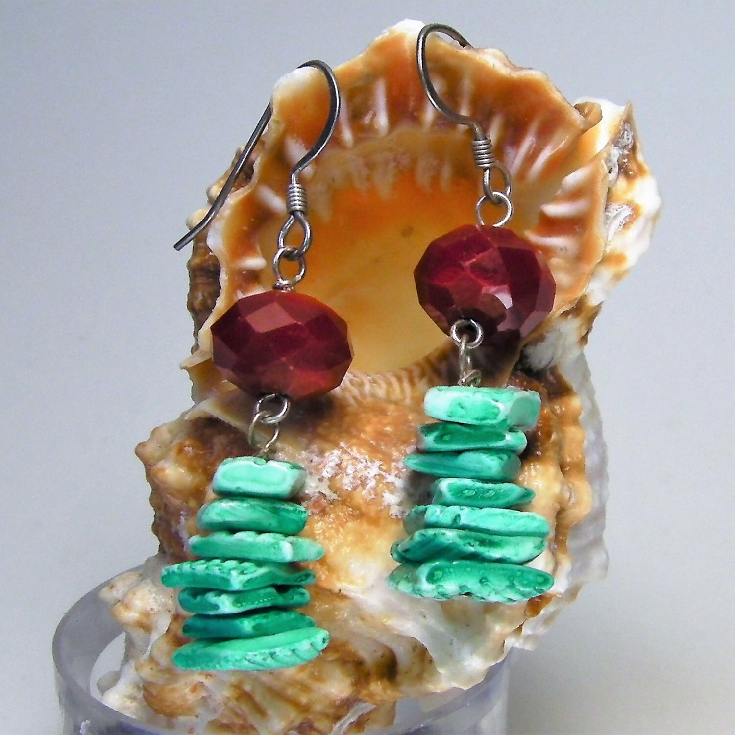 Red Crystal and Teal Shell Beaded Earrings - Etsy