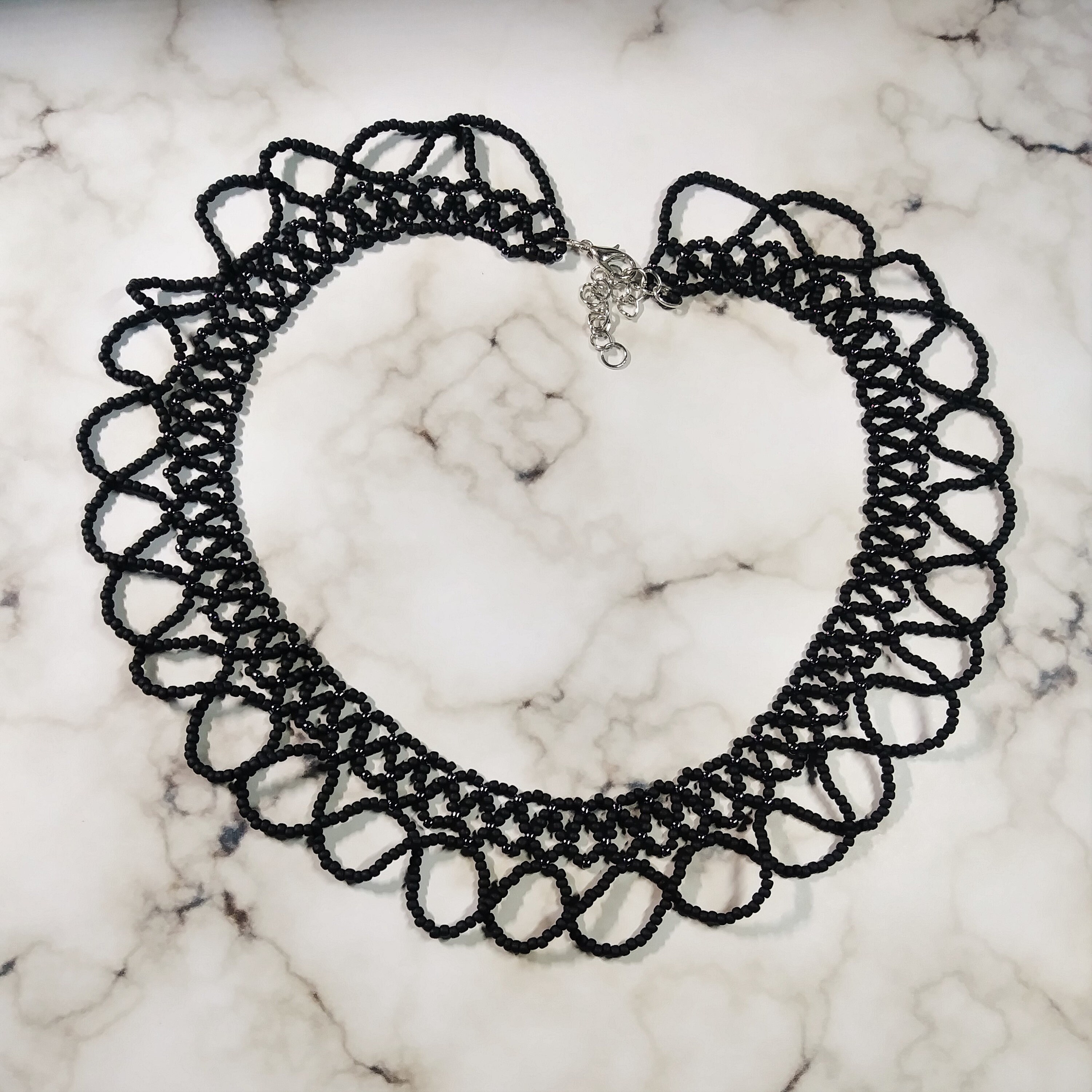 Black, Lacy Seed Bead Netted Collar Necklace With Hematite Colored Seed Bead Accents, 15.75 17. ...