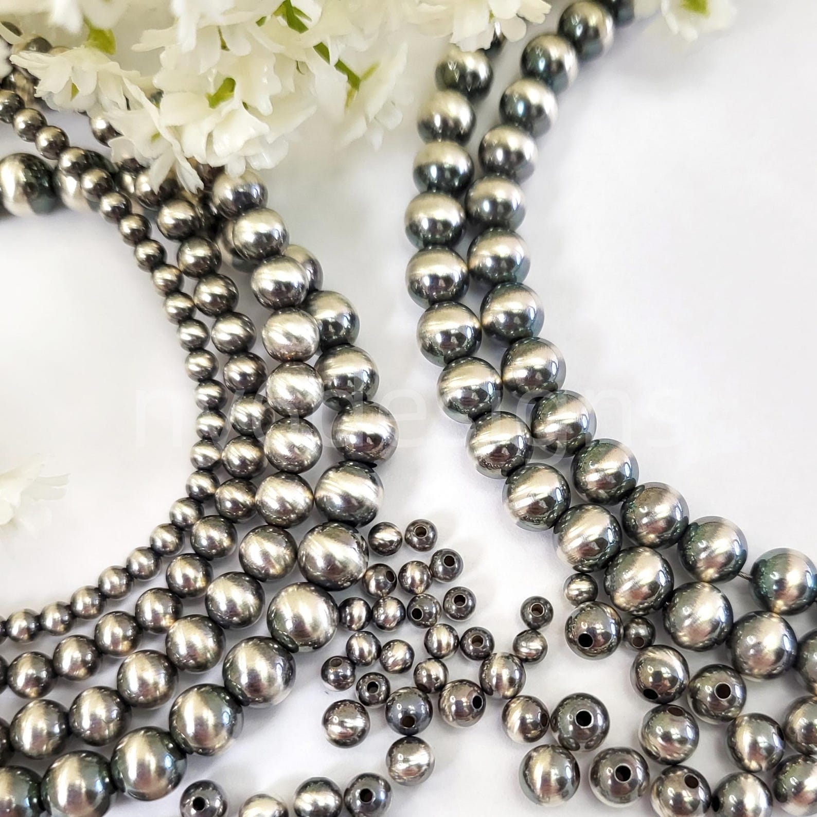 8mm Real Round Navajo Pearl .925 Sterling Silver Seamed Spacer Beads ...