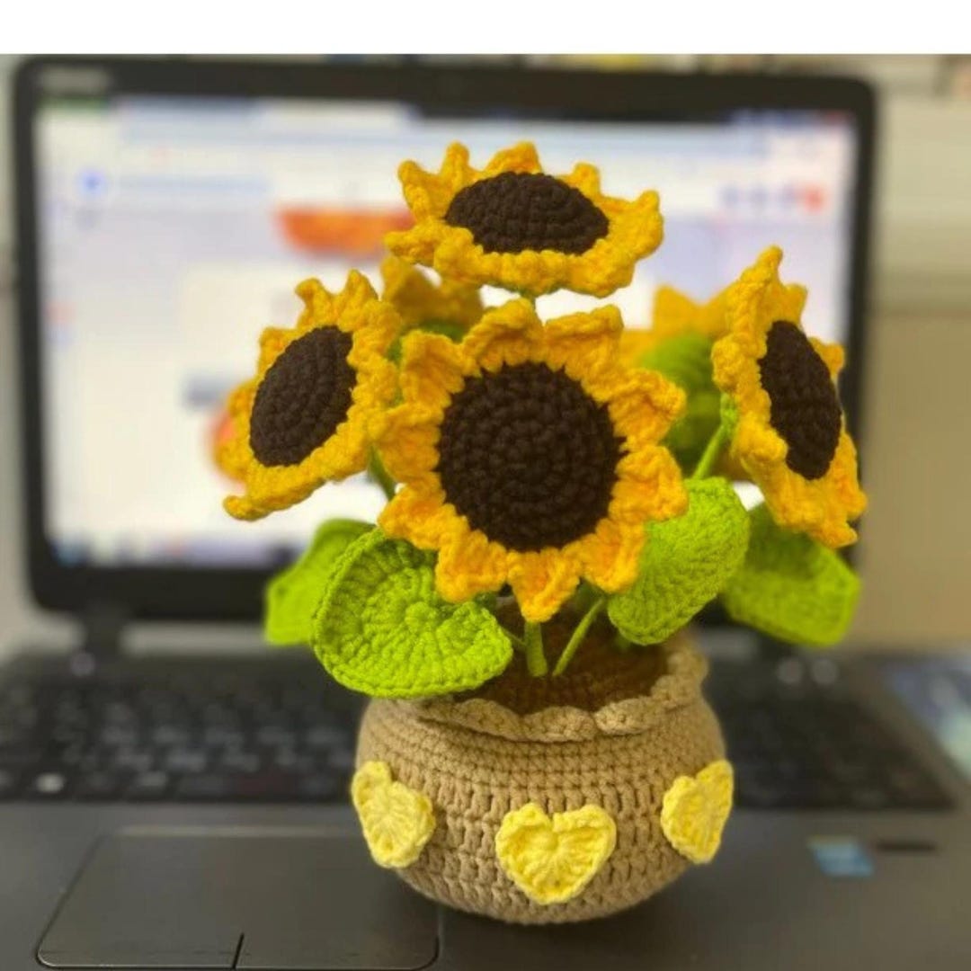 Bouquet of Sunflower Crochet, Handmade Flower Basket, Knitted Sunflower ...