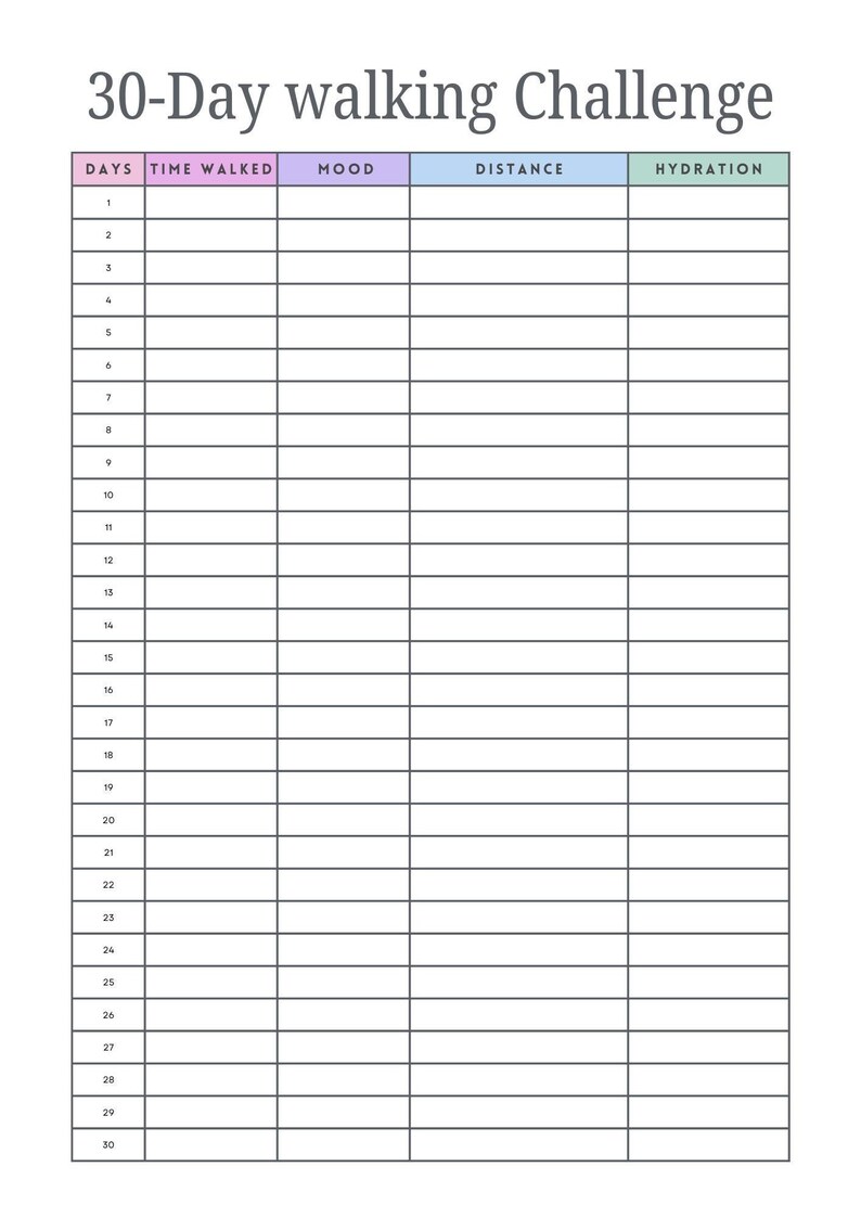 A4 30-day Walking Tracker Printable-digital Fitness Log for Daily Steps ...