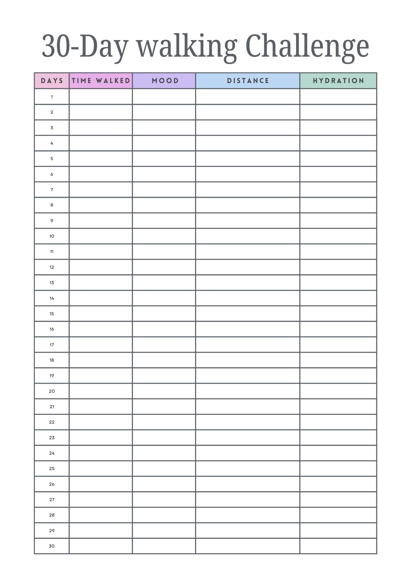 A4 30-day Walking Tracker Printable-digital Fitness Log for Daily Steps ...