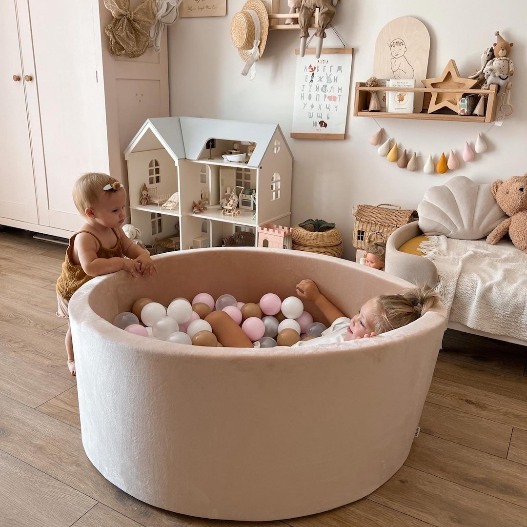 Beige Velvet Ball Pit for Kids: 185 Balls Included, Safe Play Area for ...