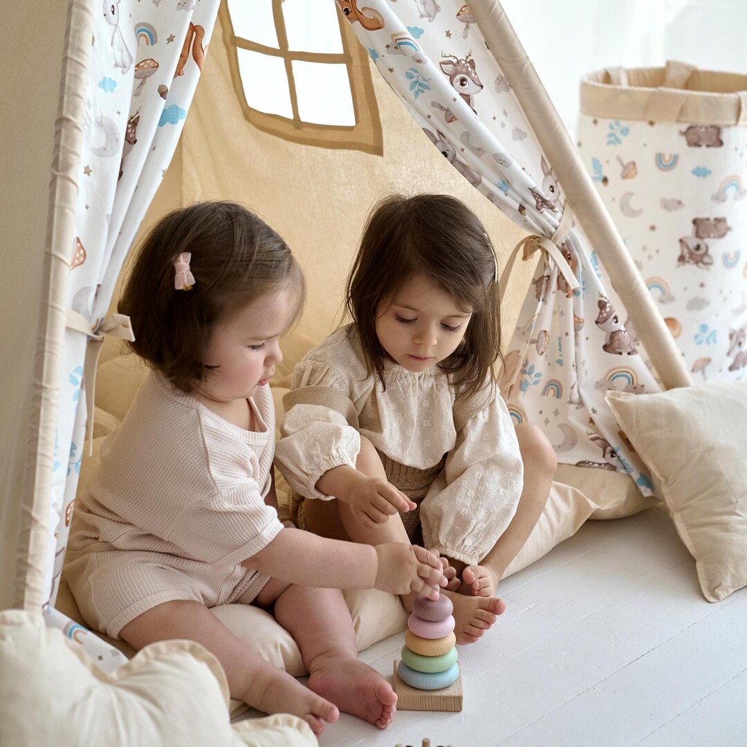 Teepees for Kids Thick Mat Foldable Cute Animals Beige Kids Teepee Tent ...