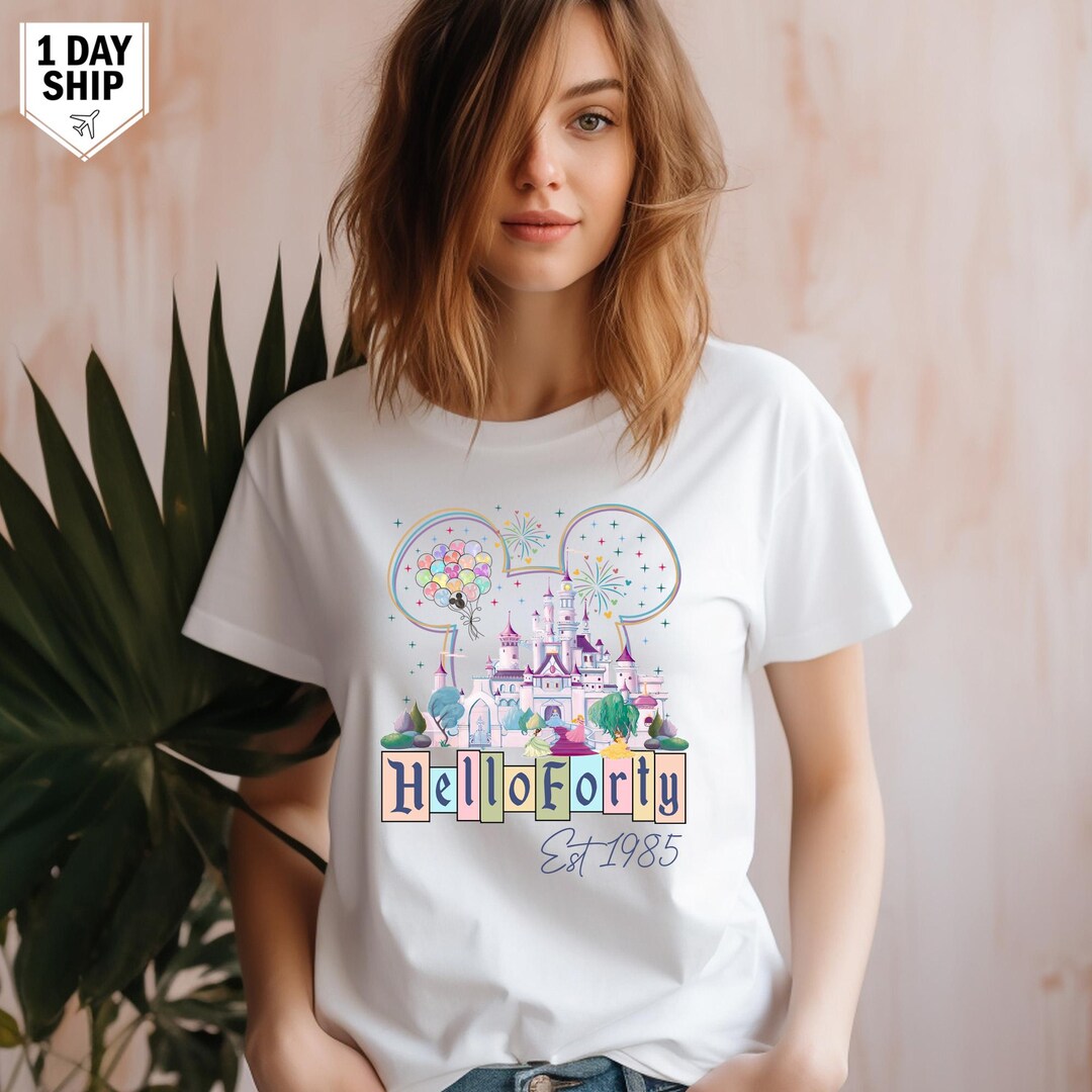 Hello Forty Disney Castle T-shirt, Hello Forty Est 1985 Birthday Top, Disney Castle Fourteenth ...
