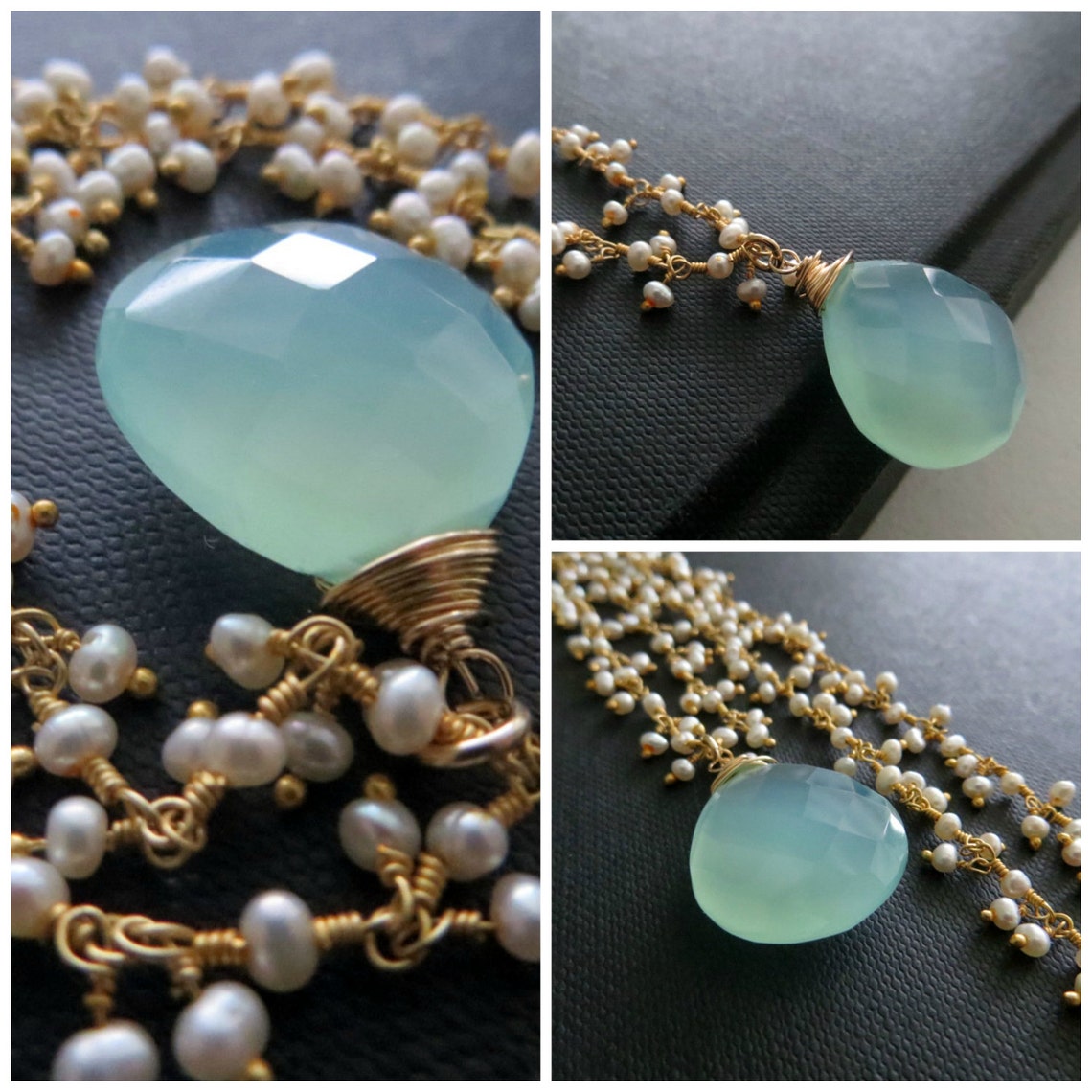 Aqua Blue Chalcedony and Pearl Necklace Something Blue Bridal - Etsy