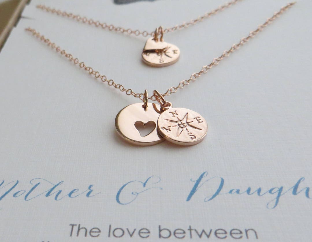 Mother Daughter Rose Gold Heart Compass Necklace, Gift for Mom From ...