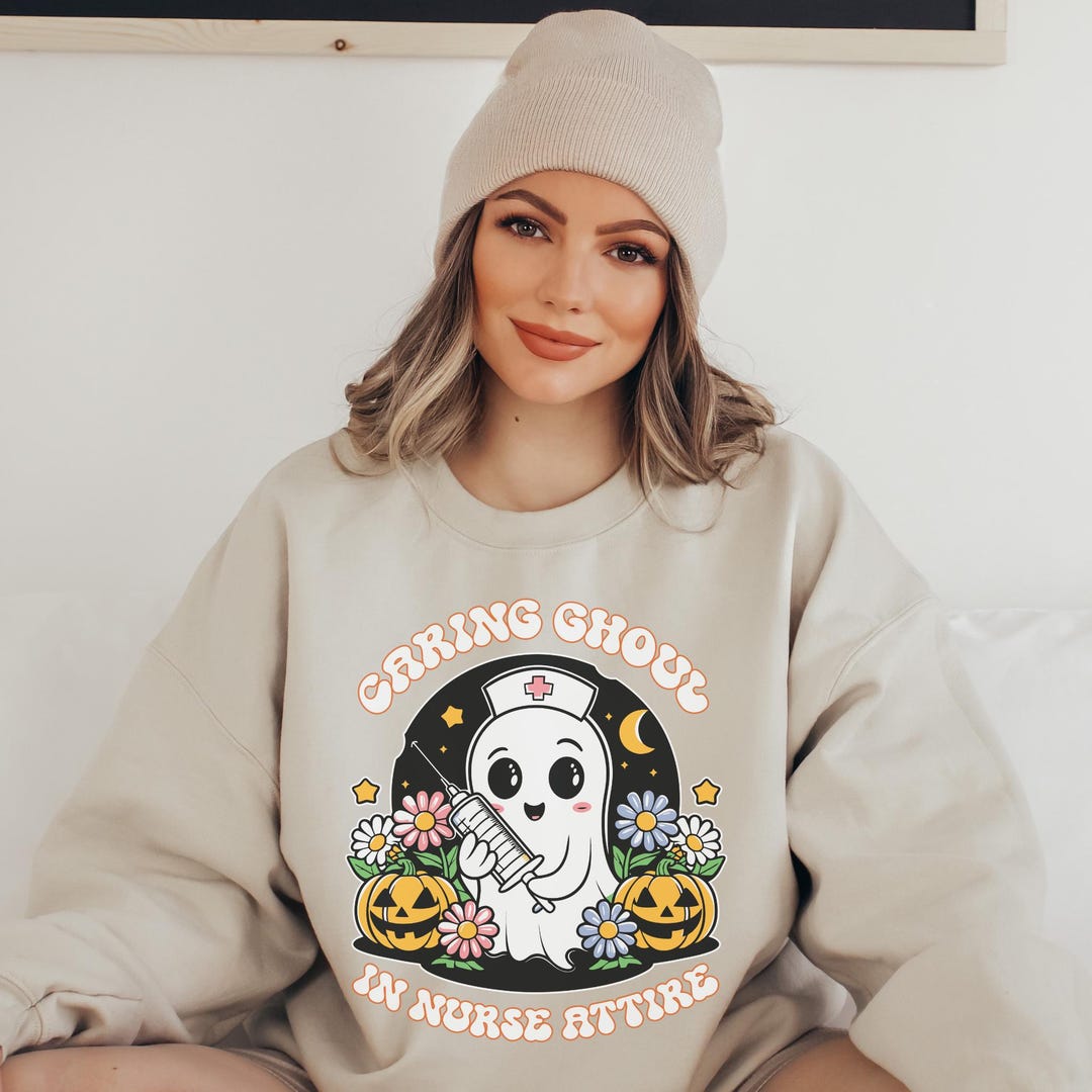 Caring Ghoul in Nurse Attire Cozy Halloween Ghost Crewneck Sweatshirt ...