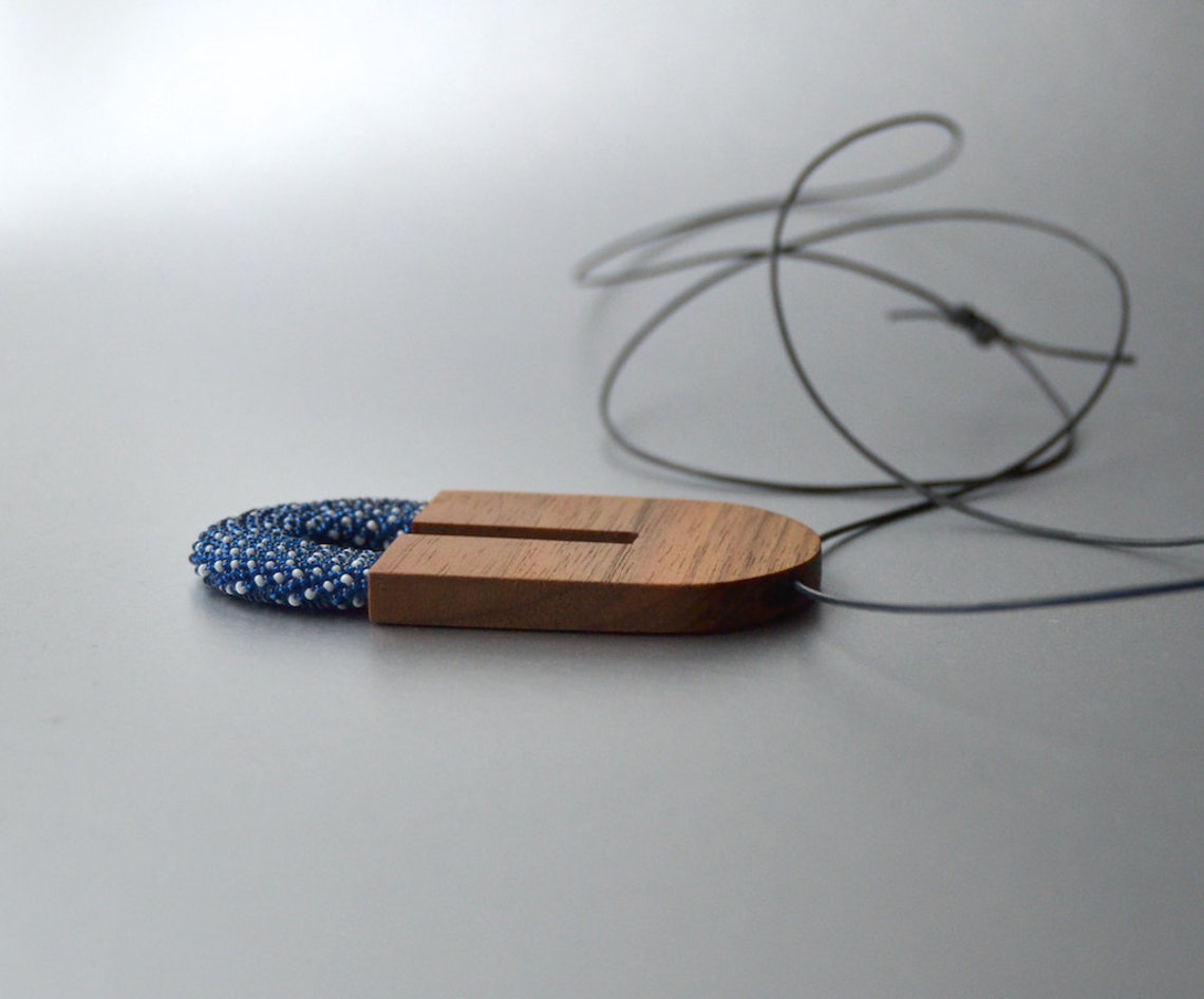 Indigo Pendant Wood and Glass Beads - Etsy
