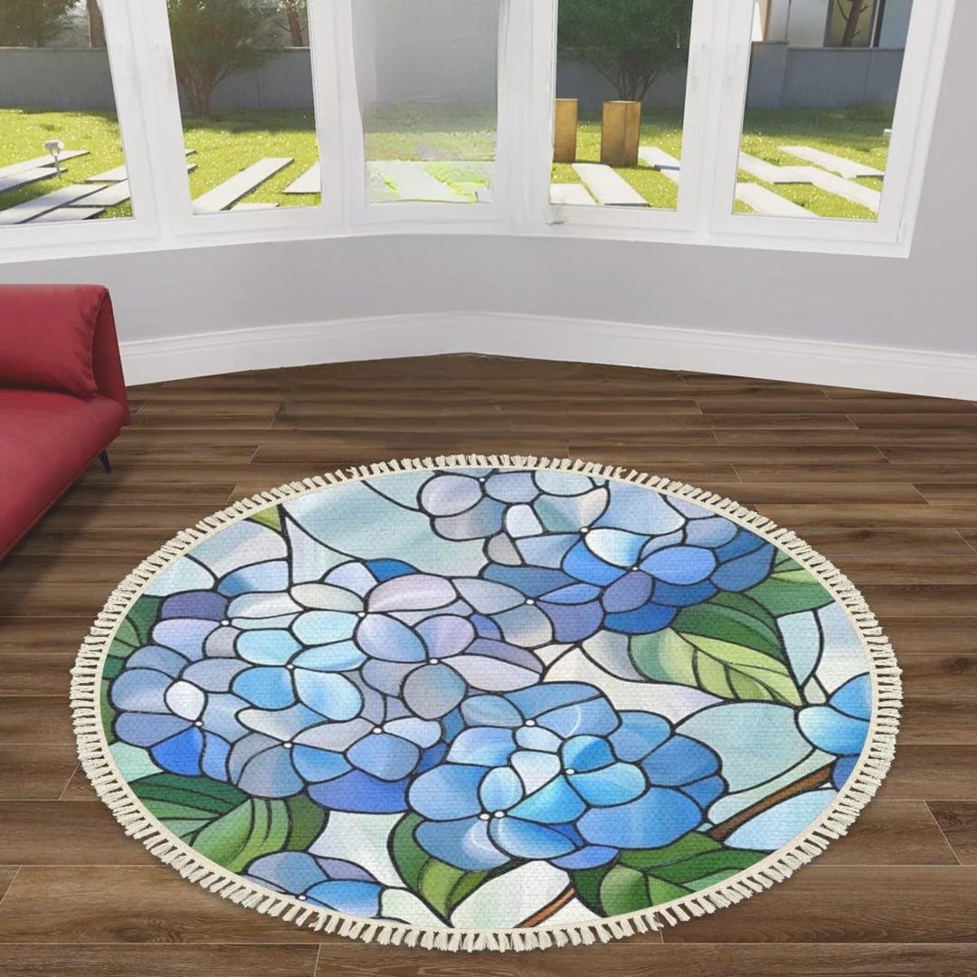Hydrangea Print, Floral Round Rug With Tassels, Blue Floral Print ...