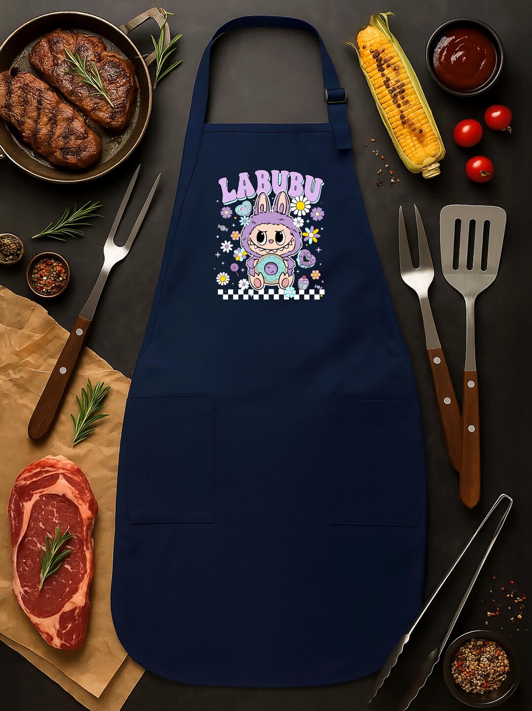 Labubu Floral Donut Apron Pastel Aesthetic Kitchen Cooking Apron Cute ...