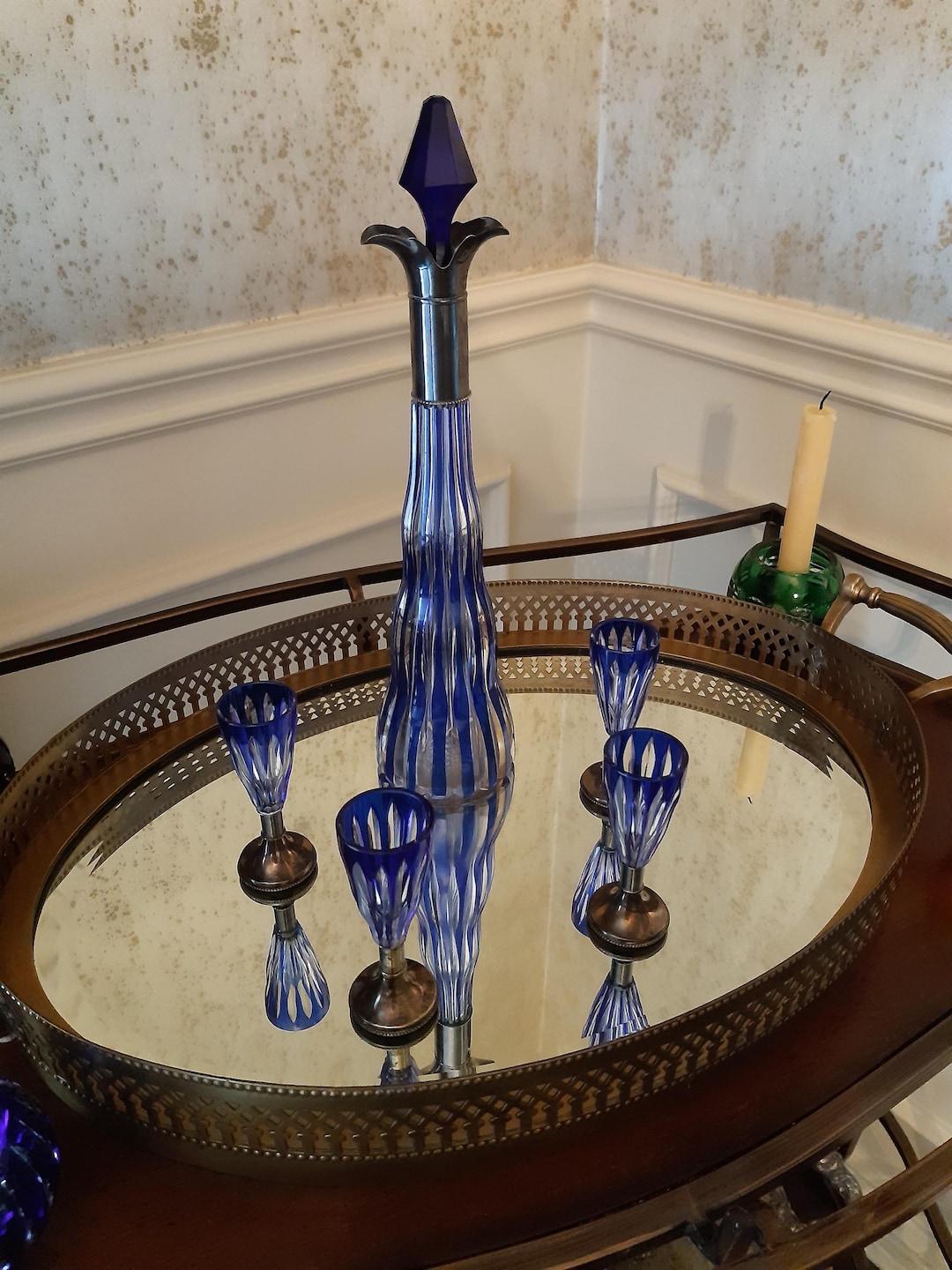 Vintage Art Deco Blue Cut Glass Sherry Set: Sterling Silver Carafe ...