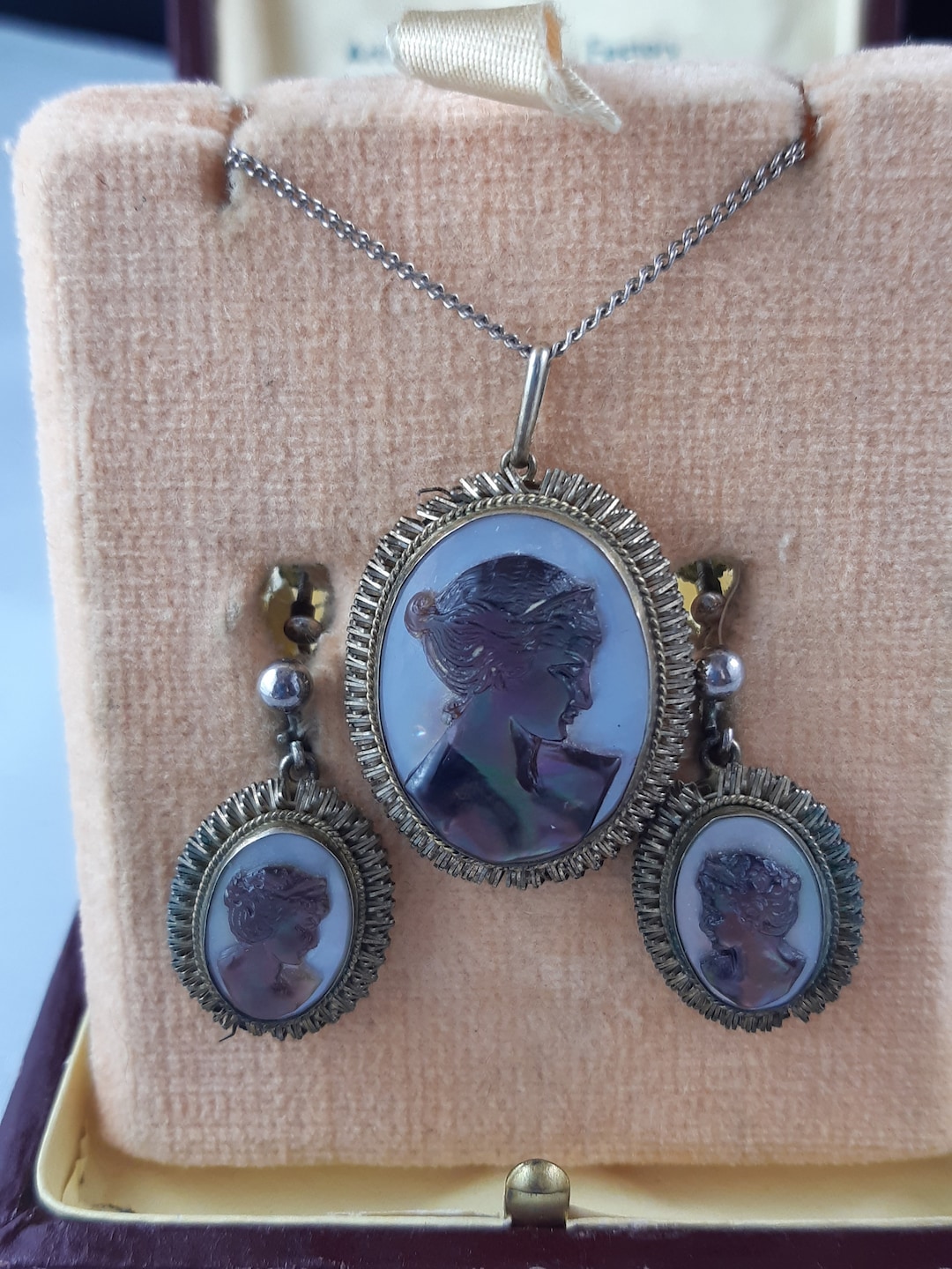 Vintage Abalone Shell Cameo Set Pendant and Earrings, Silver Set,gift ...