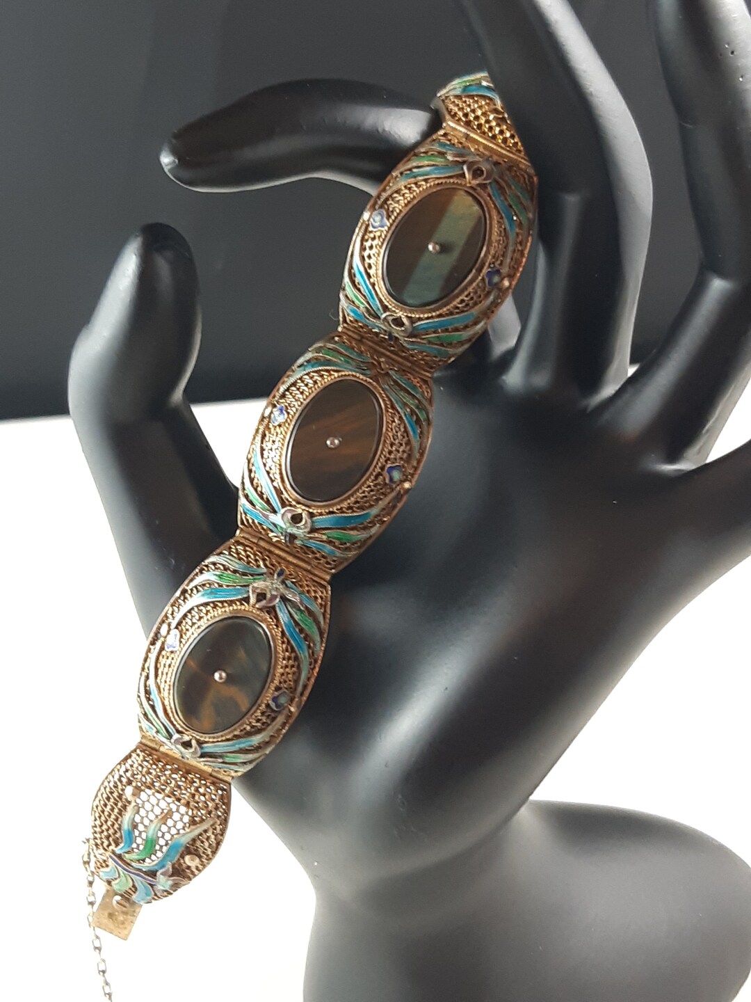 Vintage Chinese Silver Gilded Bracelet Art Dec Enamel Bracelet Tiger's ...