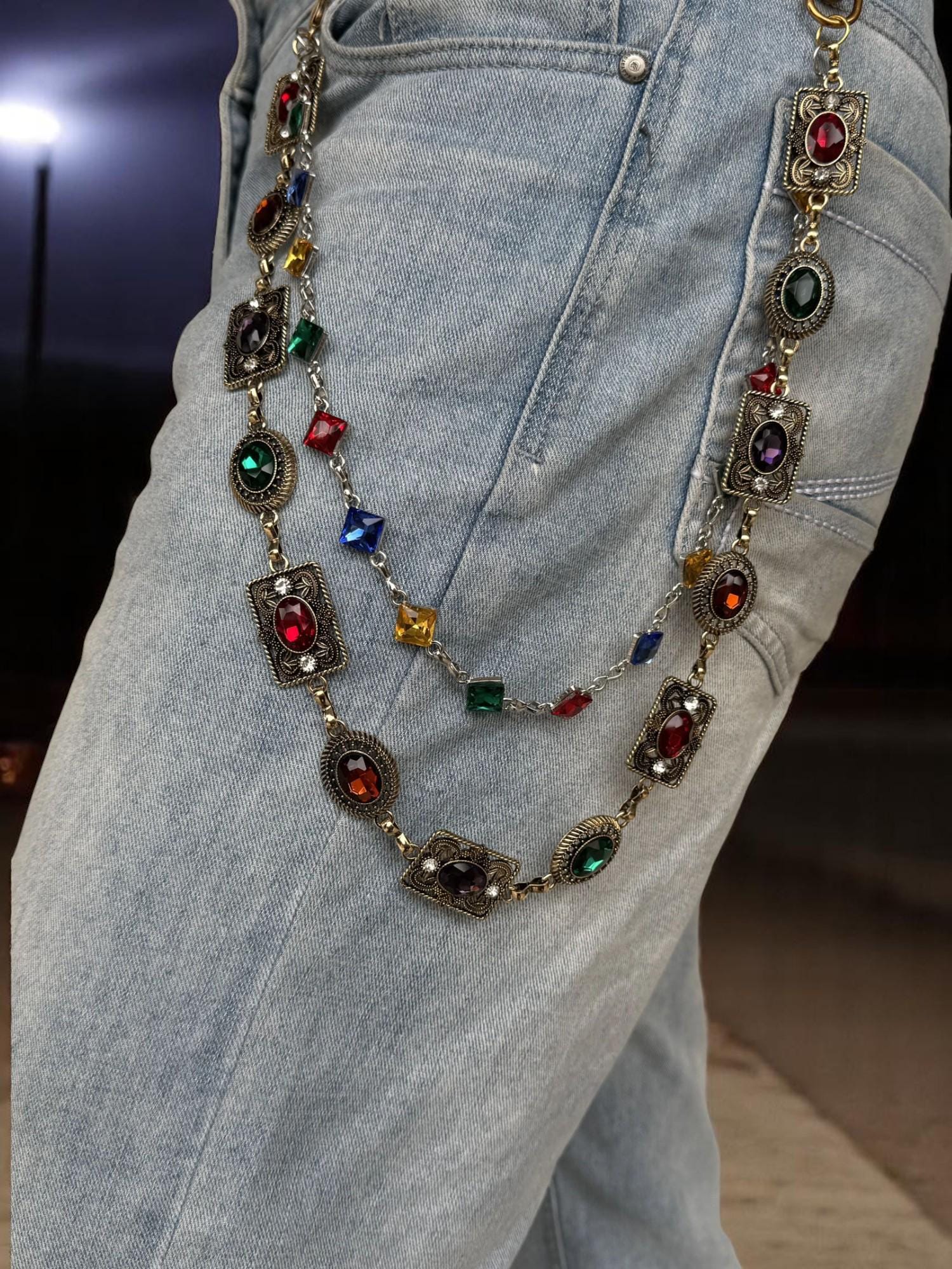 Colorful Gem Wallet Chain, Double Layer Pants Chain, Gold Maximalist Jewelry, Unique Y2k Belt ...