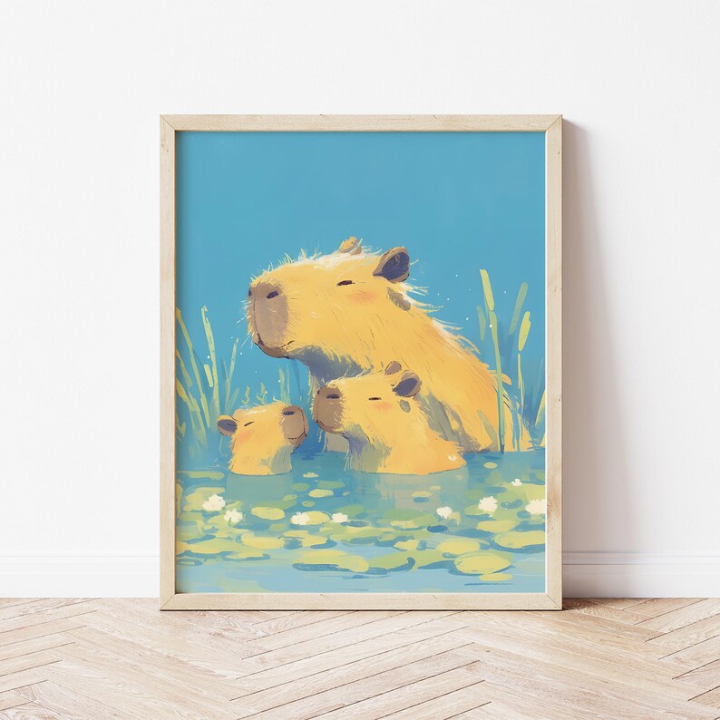 Capybara Illustration Print - Cute Capybara Bathing Wall Art, Family ...