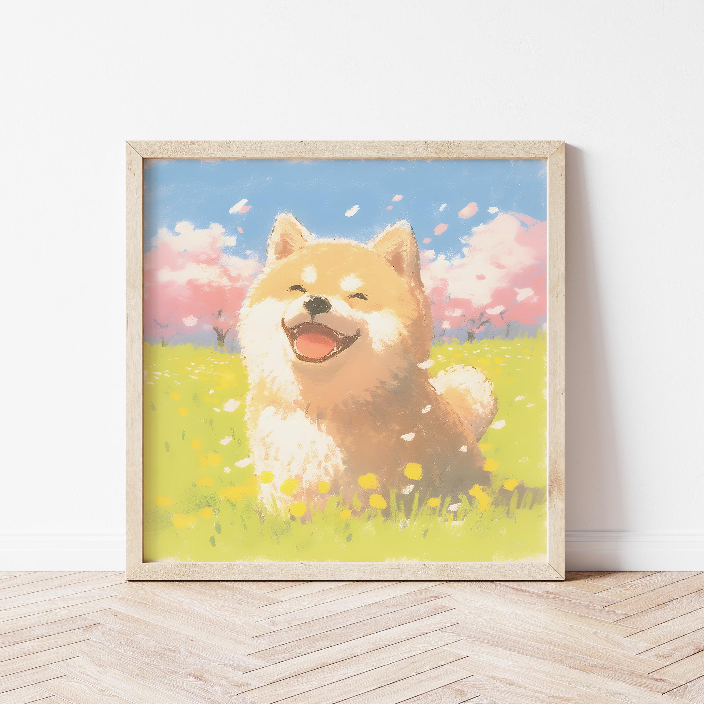 Shiba Inu Illustration of Puppy Wall Art of Cherry Blossom Prints of ...