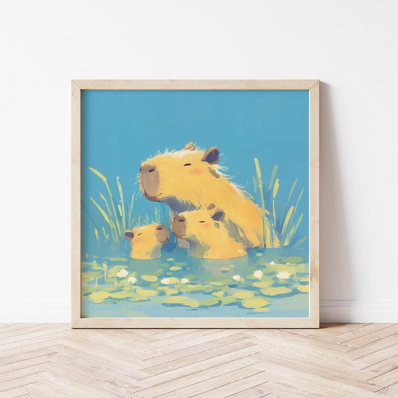 Capybara Illustration Print - Cute Capybara Bathing Wall Art, Family ...