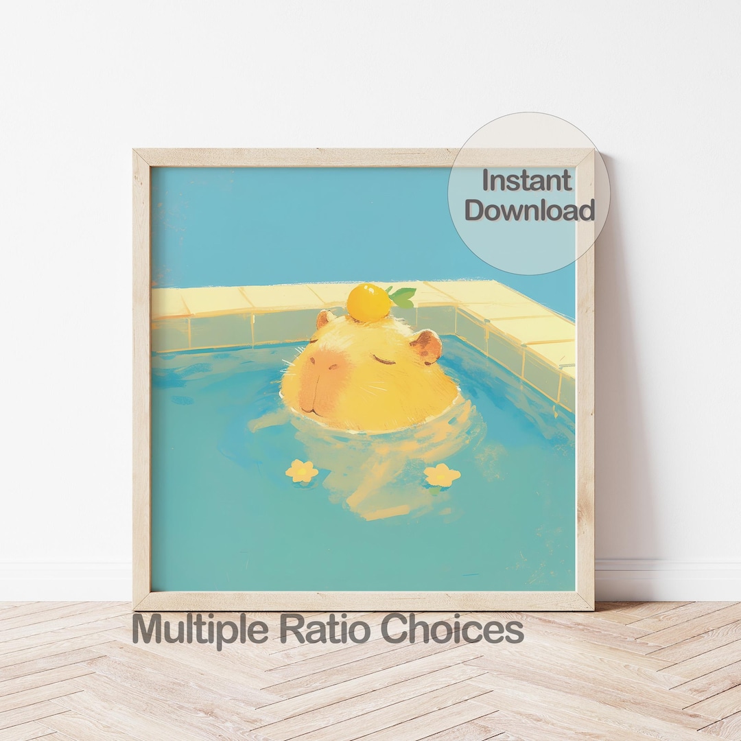 Printable Capybara Wall Art, Yuzu Hot Tub Bathing Illustration ...