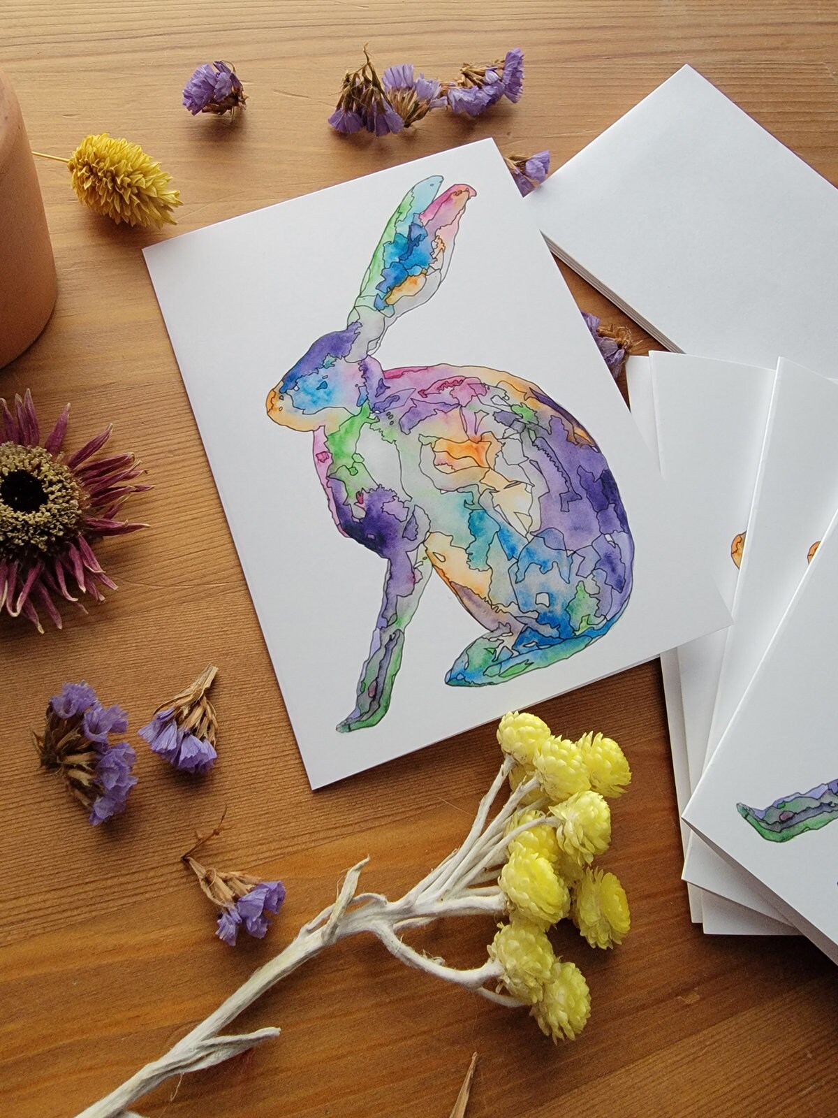Rainbow Hare Greeting Cards, Colorful Animal Stationery, Bohemian Art ...