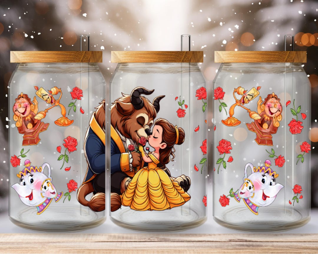 Beauty and the Beast Sipper Glass Cup With Lid and Straw, Iced Coffee ...