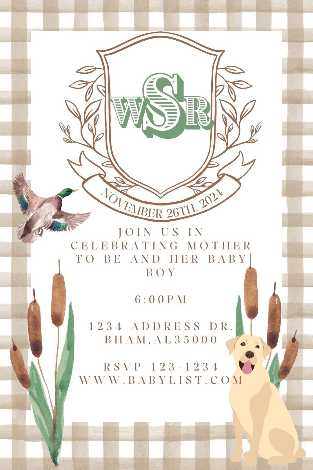 Baby Shower Invitation Hunting Dog and Duck With Crest and Initials - Etsy