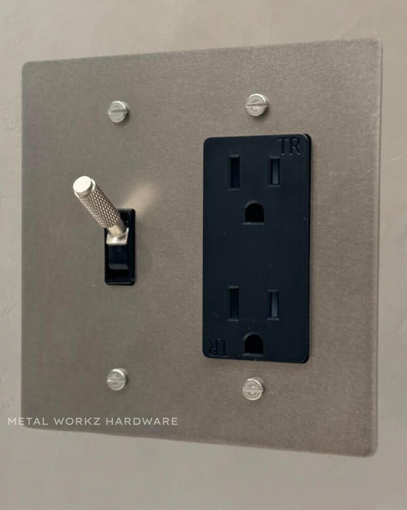 Brass Modern Toggle Light Switch + Duplex Outlet (2-gang) Satin Nickel ...