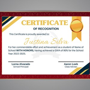 Editable School Certificate of Recognition, Customizable PDF Document ...