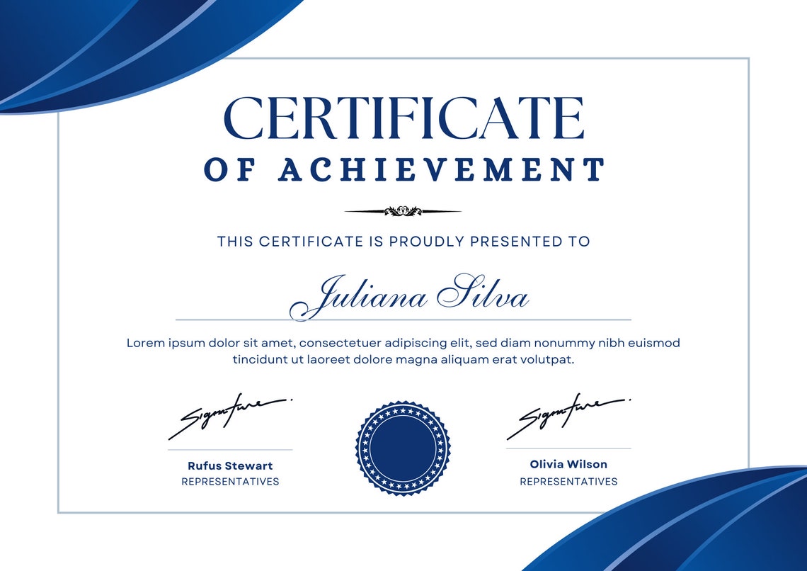 Blue Minimalist Achievement Certificate, Elegant PDF Template - Etsy
