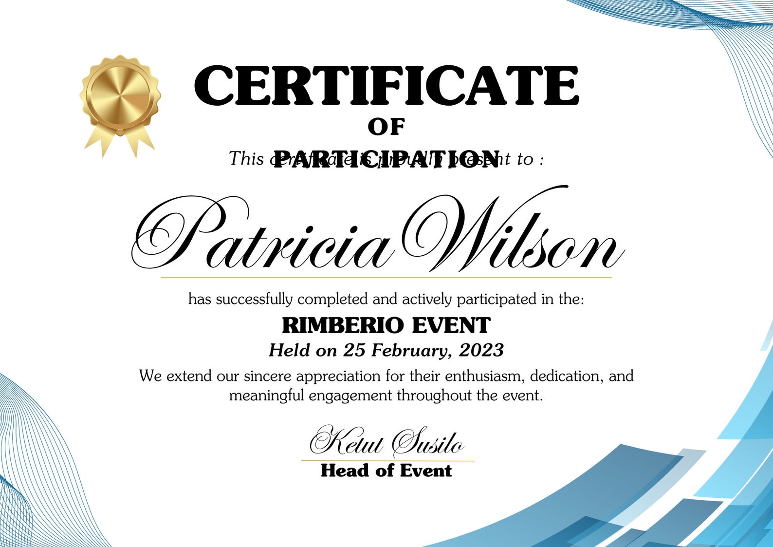 Downloadable Blue & White Modern Certificate of Participation, Stylish ...