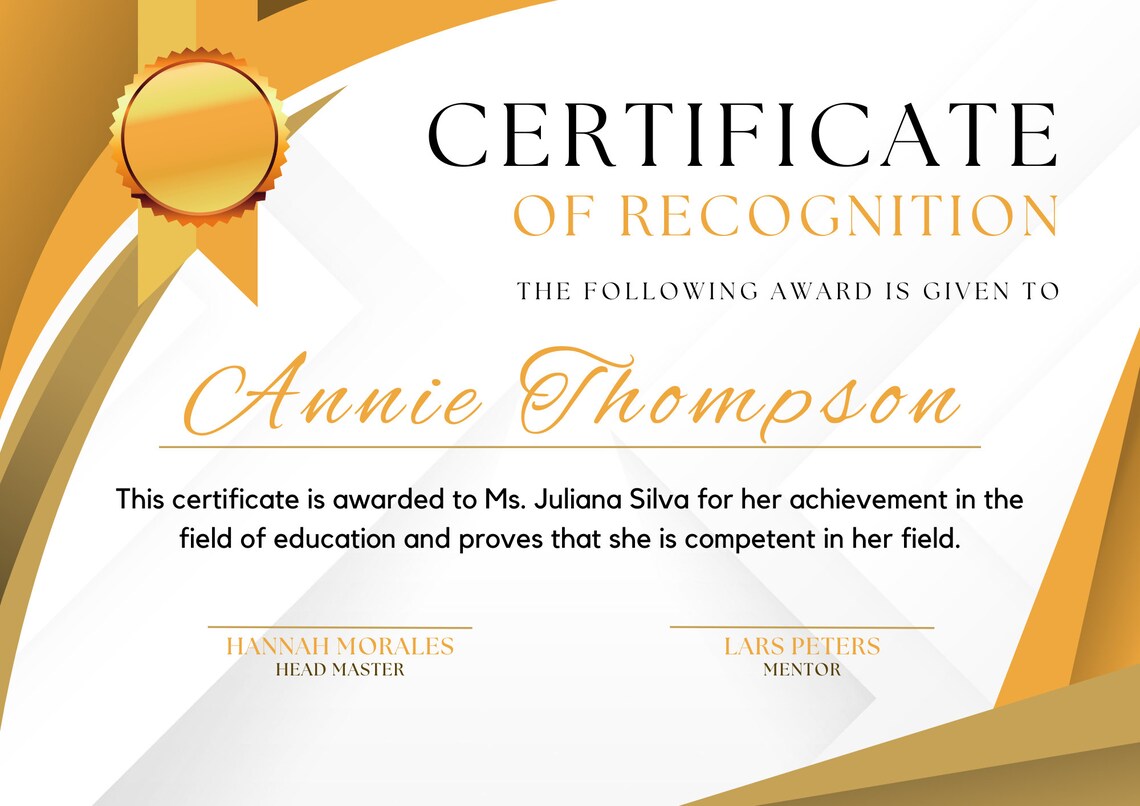 Printable Certificate of Recognition, Customizable PDF Document for ...