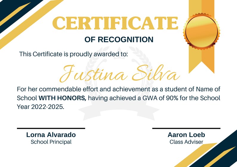 Editable School Certificate of Recognition, Customizable PDF Document ...