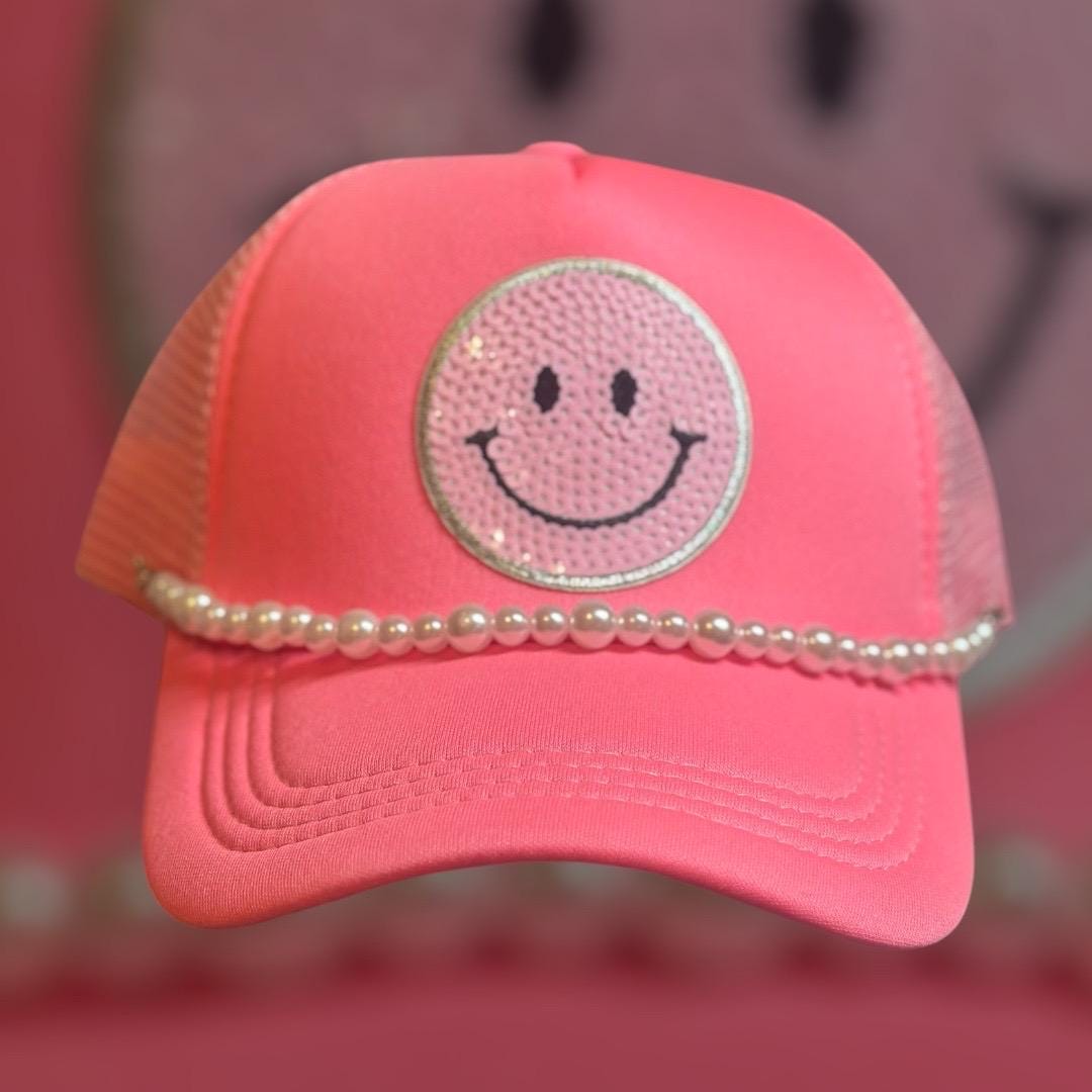 Hot Pink Bougie Bling Smiley Trucker Hat W/ Hat Chain / Smiley Faces ...