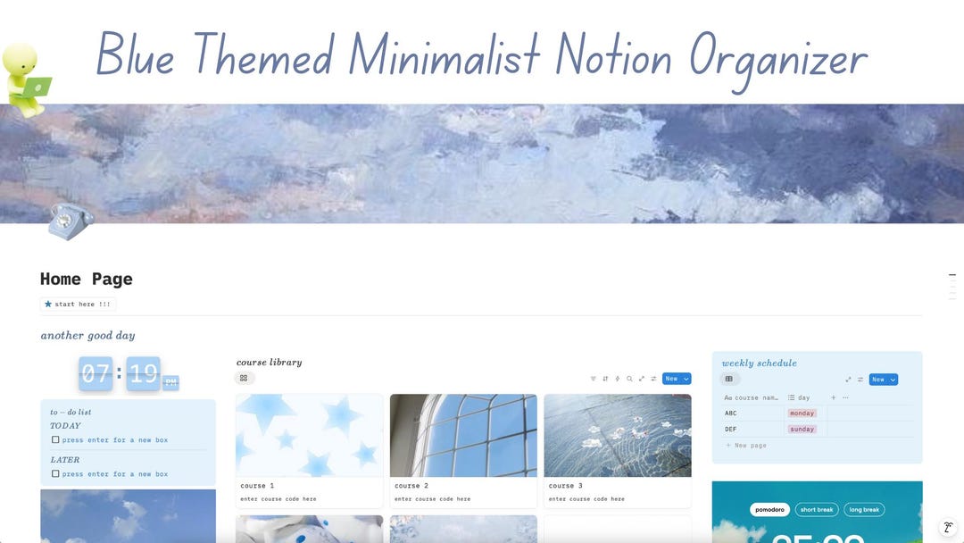 Pastel Blue Notion Student Planner Template | Simple + Minimalist ...