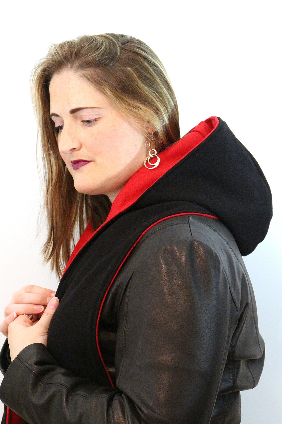 Red Black Hooded Wool Scarf, Red Black Scarf, Red Scarf, Red Snood ...