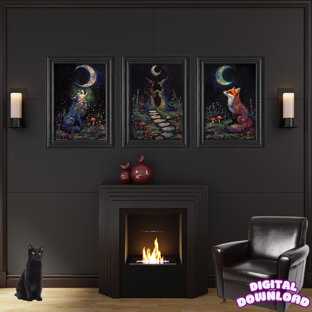 Whimsigothic Animal Print Set: Moonlit Fox, Wolf, Witchcore (digital ...