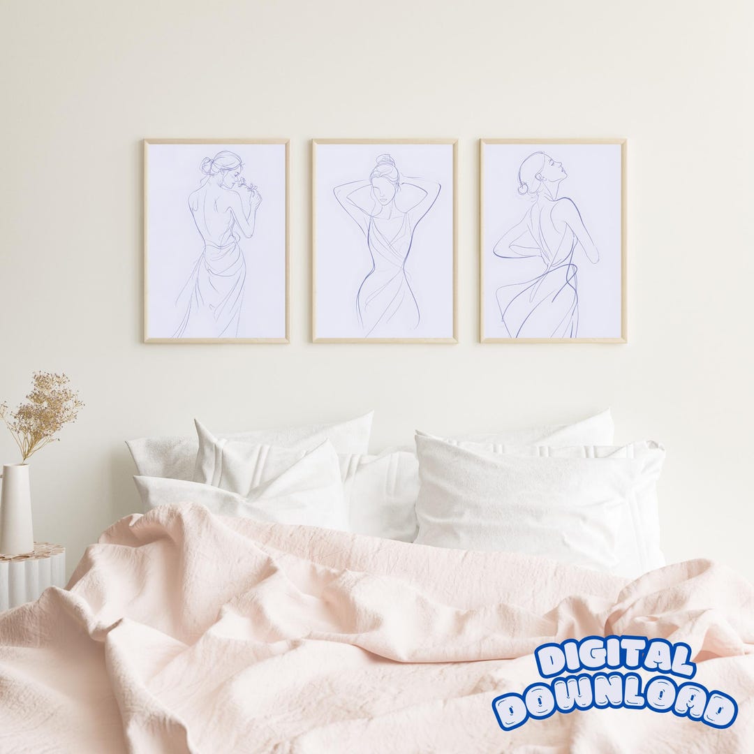 Female Line Art Prints - Minimalist Wall Art in Chinoiserie Blue ...