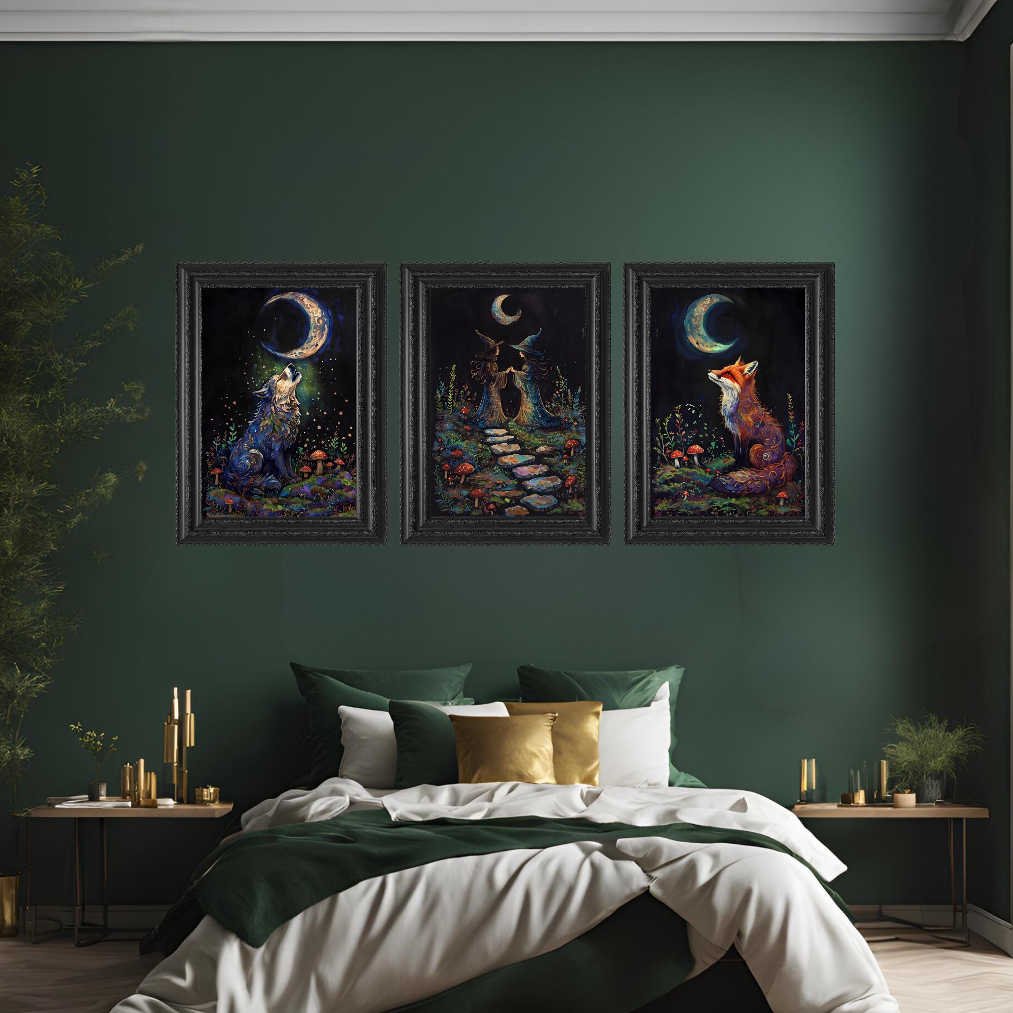 Whimsigothic Trio Wall Art Set – Enchanting Moonlit Fox & Wolf Prints ...
