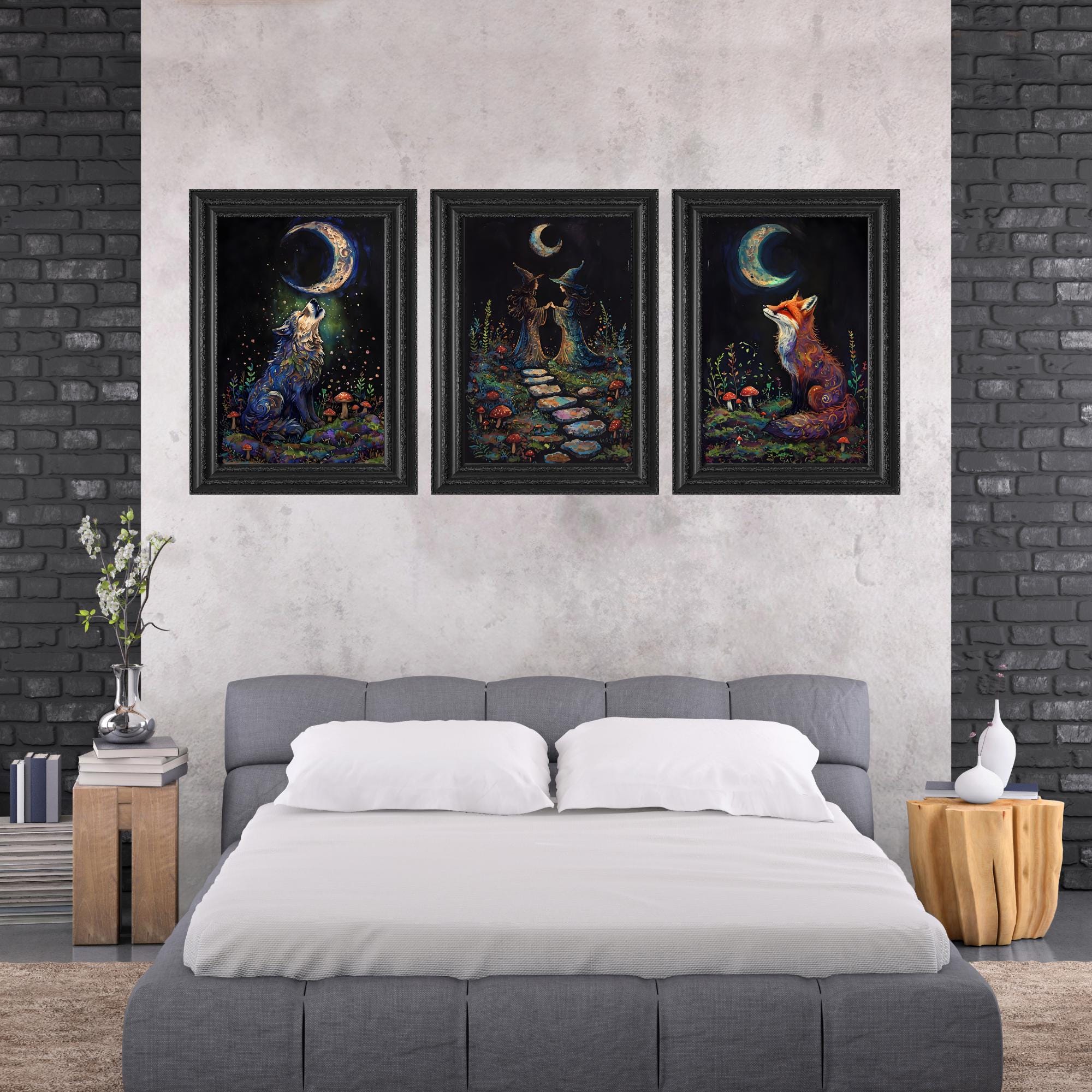 Whimsigothic Trio Wall Art Set – Enchanting Moonlit Fox & Wolf Prints ...