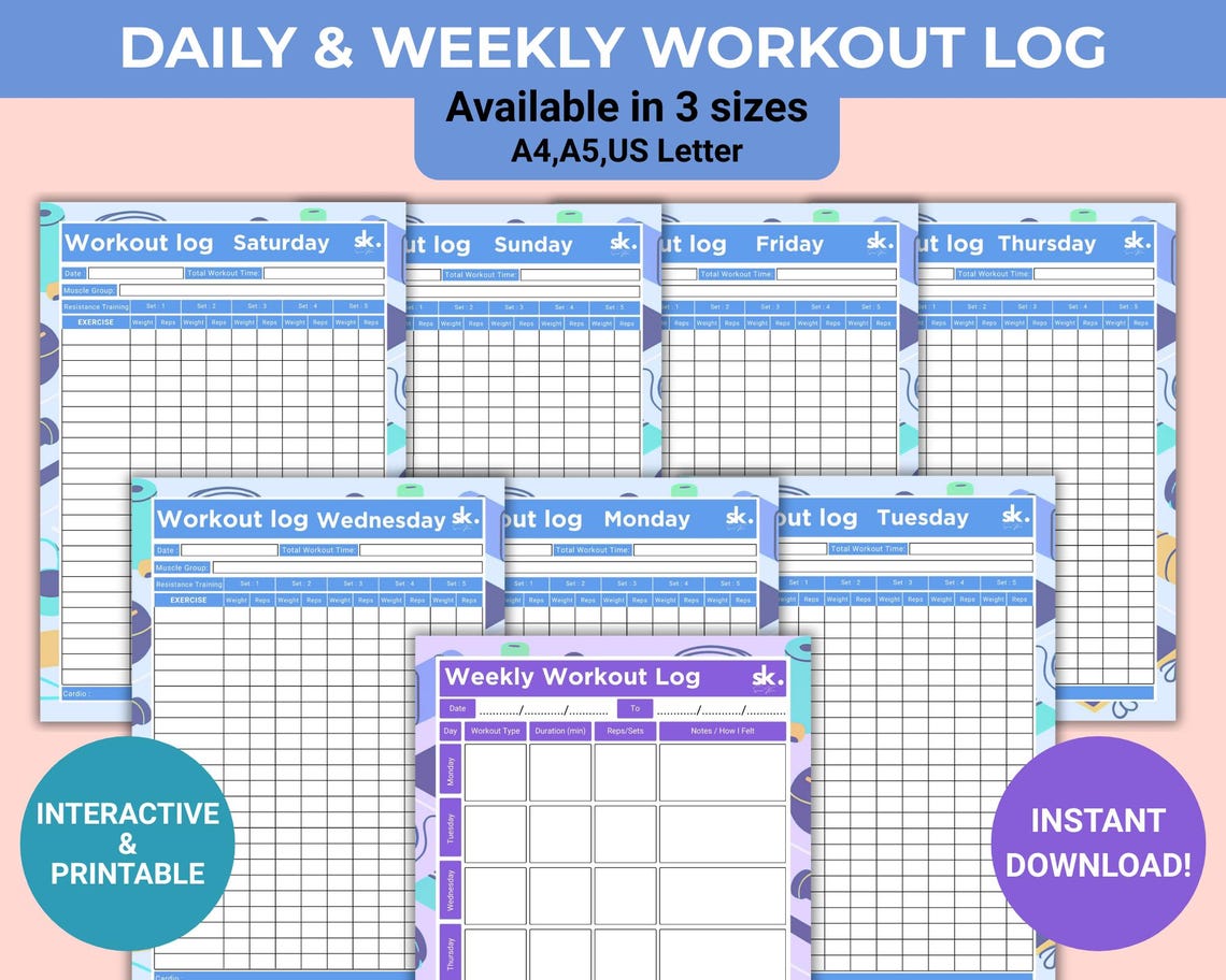 Printable Workout Log: Daily & Weekly Fitness Tracker (a4/a5/letter ...