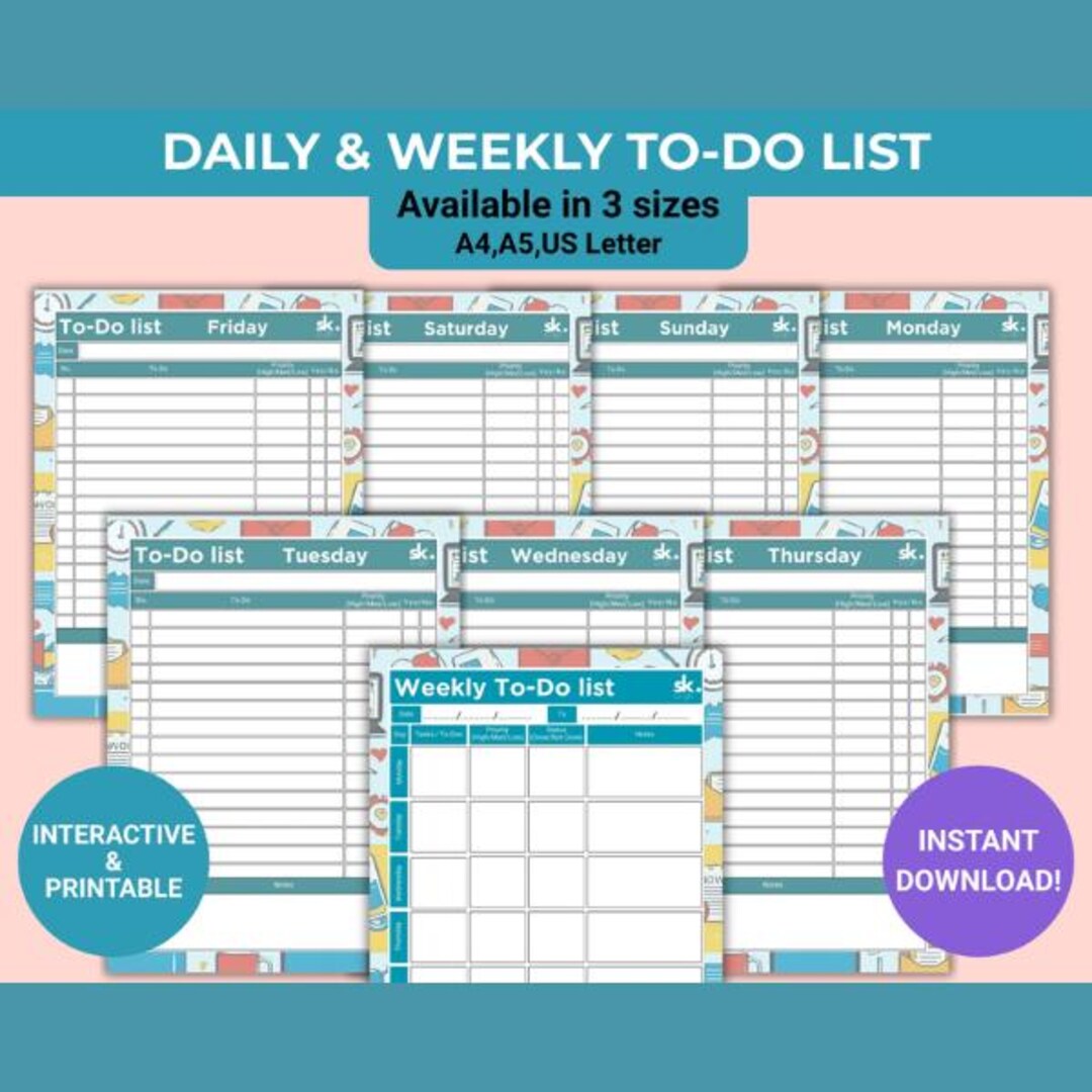 Daily and Weekly To-do List, Printable & Fillable Planner, Daily To-do ...