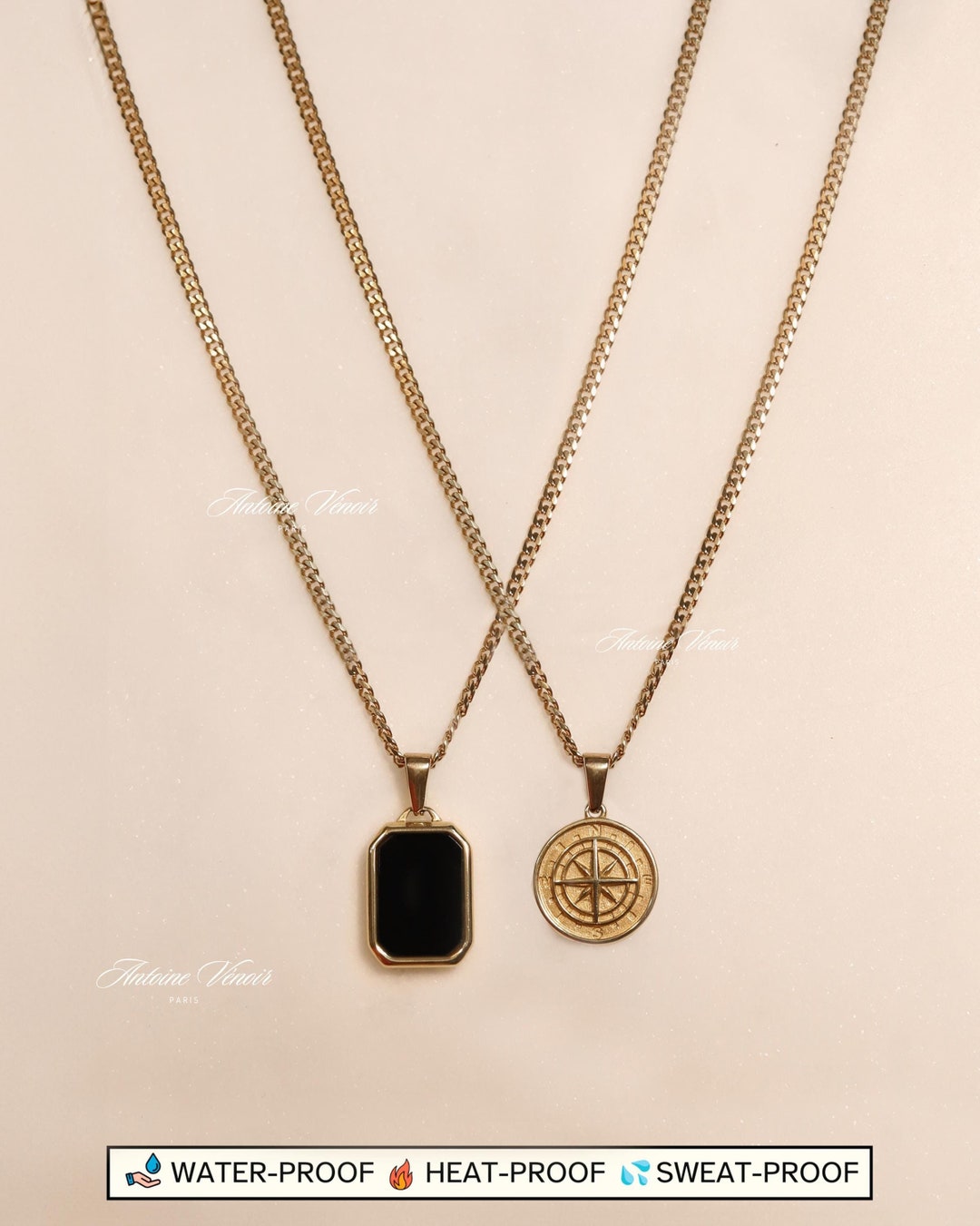18k Gold Onyx Necklace Rec, 18K Gold Compass Necklace, Waterproof ...
