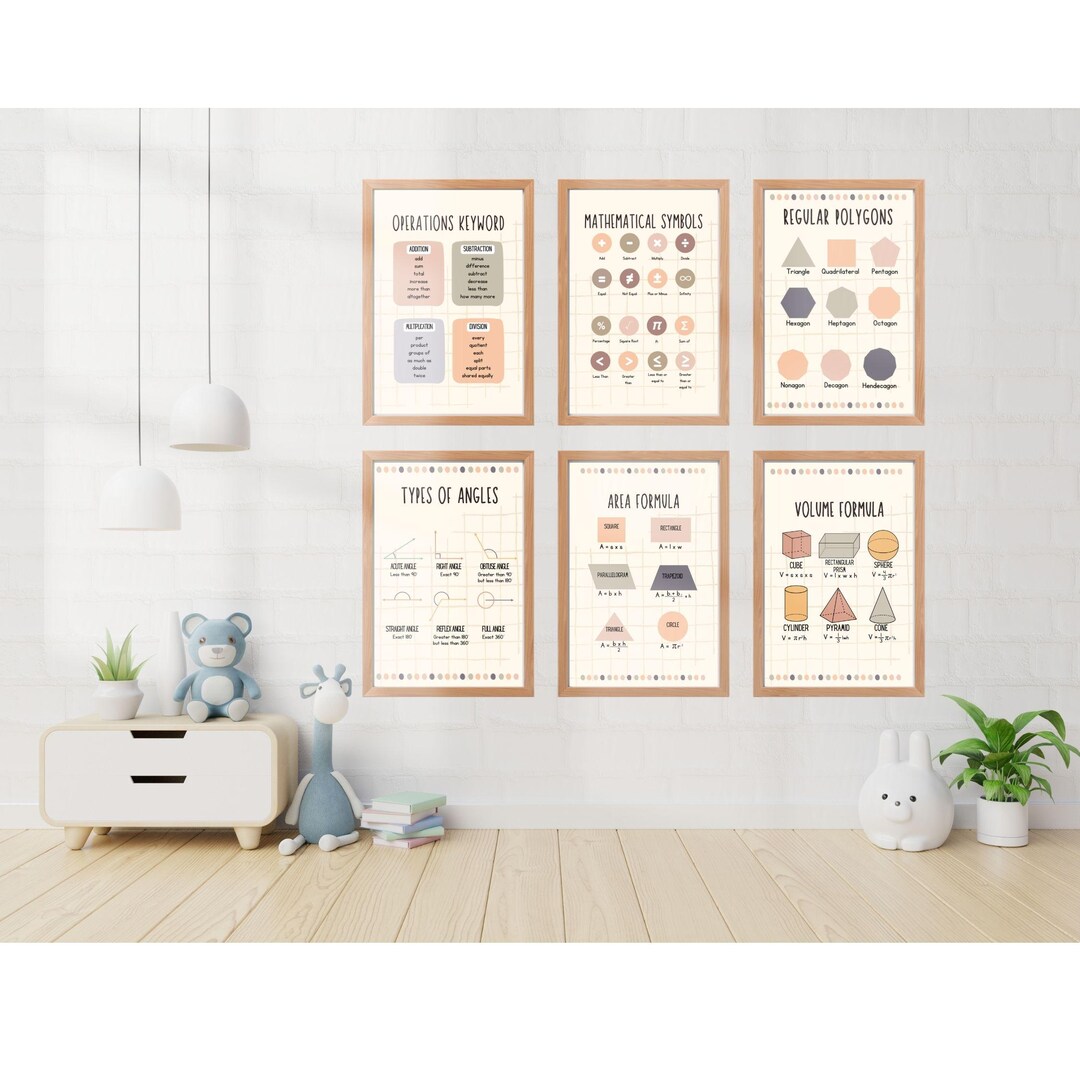 Set of 6 Educational Poster for Mathematics Brown Beige Kid's Room Wall ...
