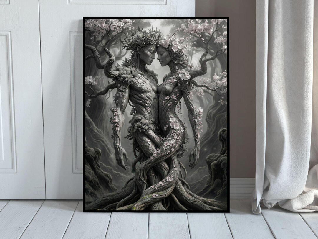 Entwined Trees Sketch, Dark Academia Art, Black and White Twin Flame ...