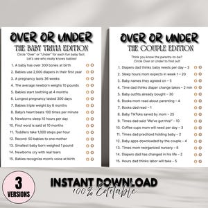 Over or Under Baby Shower Game – Parent Quiz, 3 Versions (printable ...
