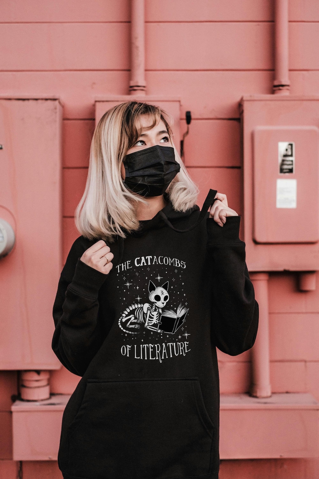 The Catacombs of Literature Hoodie, Reading Cat, Skeleton, Gift for Cat ...